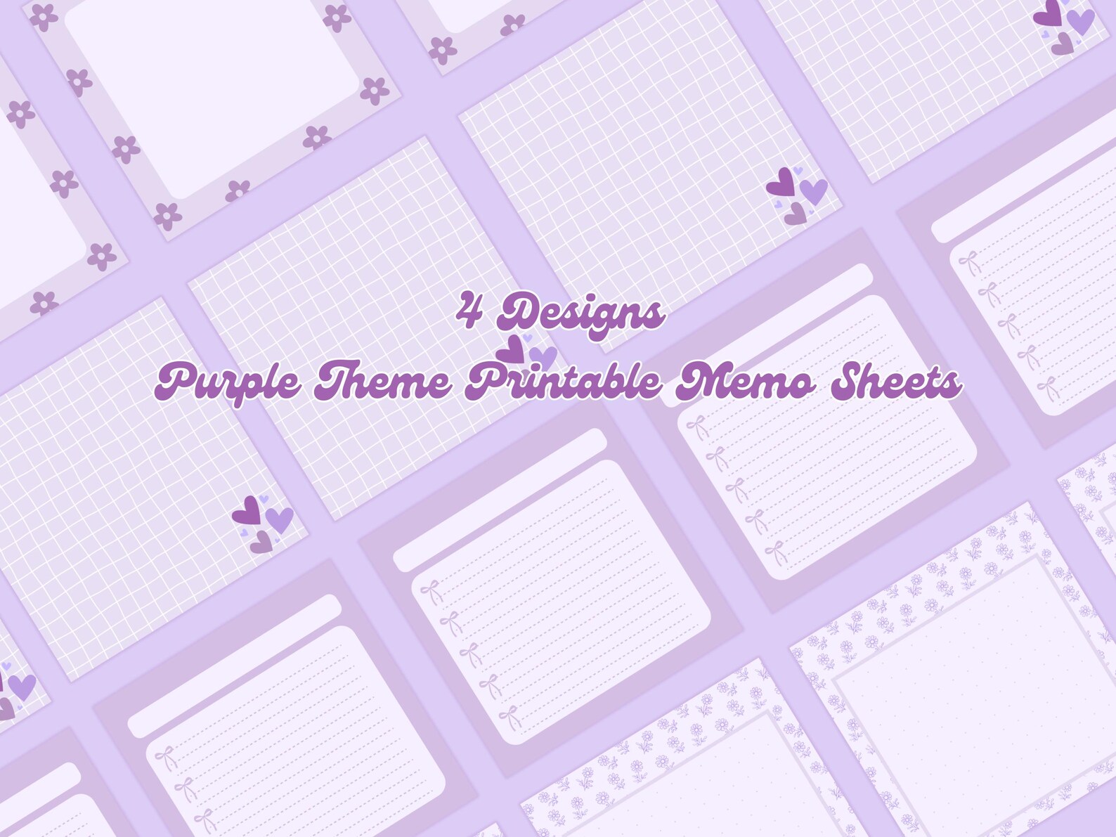 4 Designs Purple Theme Printable Notepad 3x3 Inch Digital Download Memo ...