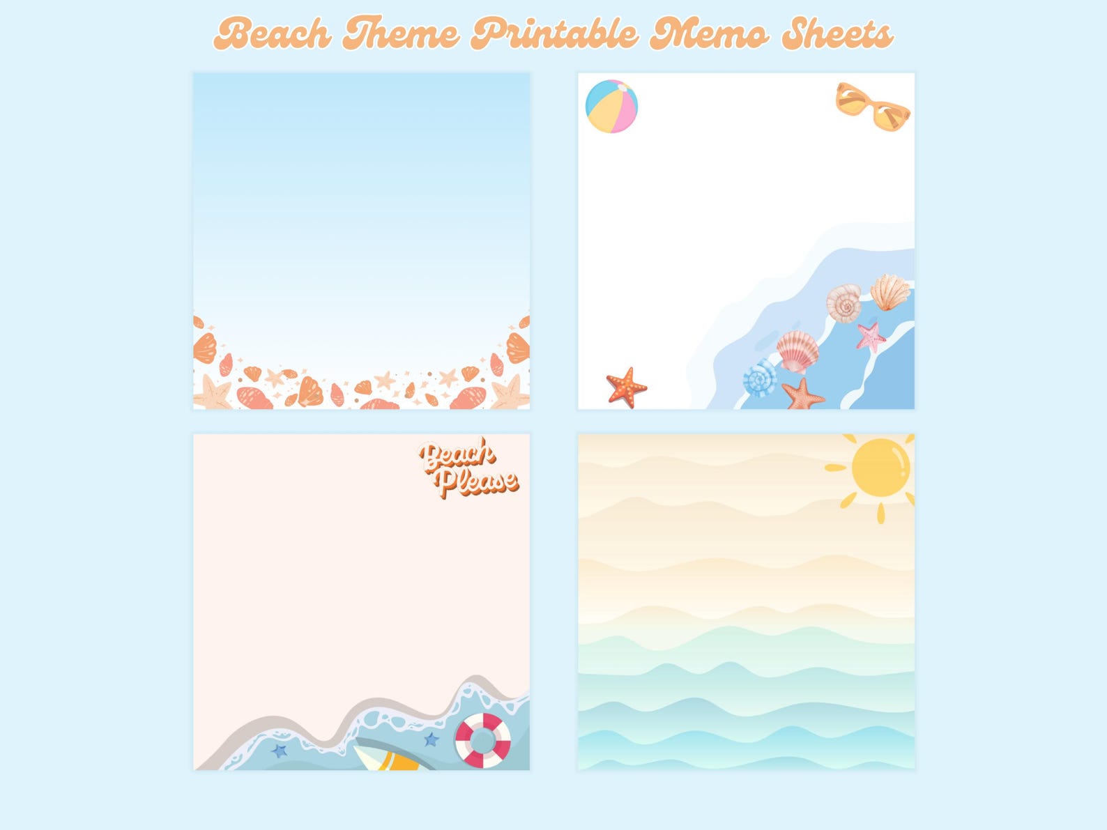 4 Designs Beach Theme Printable Notepad 3x3 Inch Digital Download Memo ...