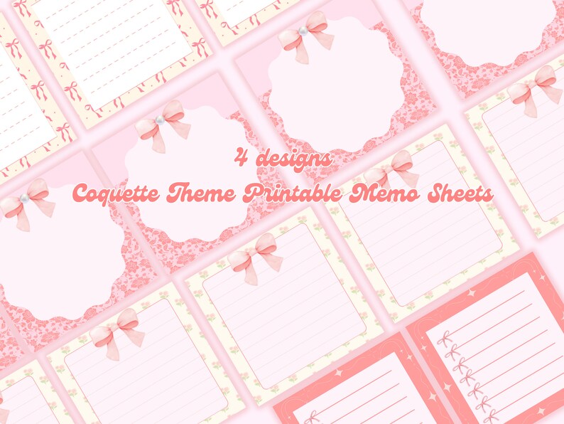 4 Designs Coquette Theme Printable Notepad Cute Stationery Digital Note ...
