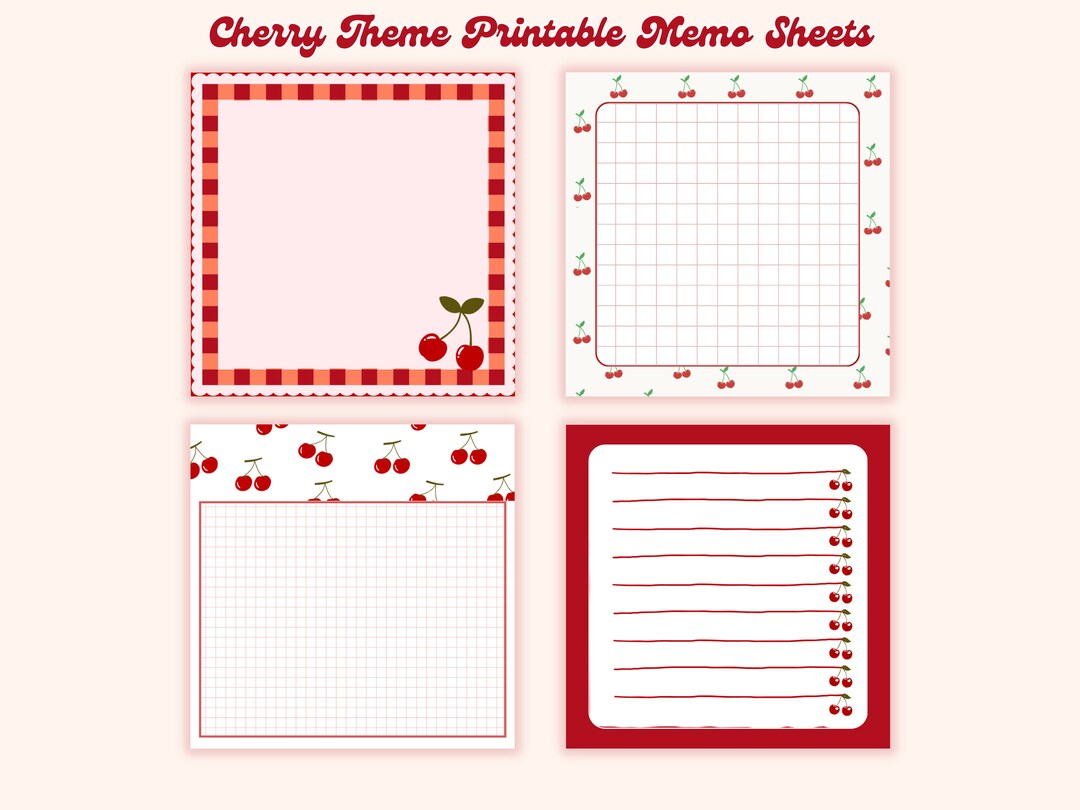 4 Designs Cherry Theme Printable Notepad 3x3 Inch Digital Download Memo ...