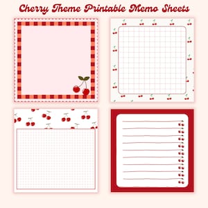 4 Designs Cherry Theme Printable Notepad 3x3 Inch Digital Download Memo ...