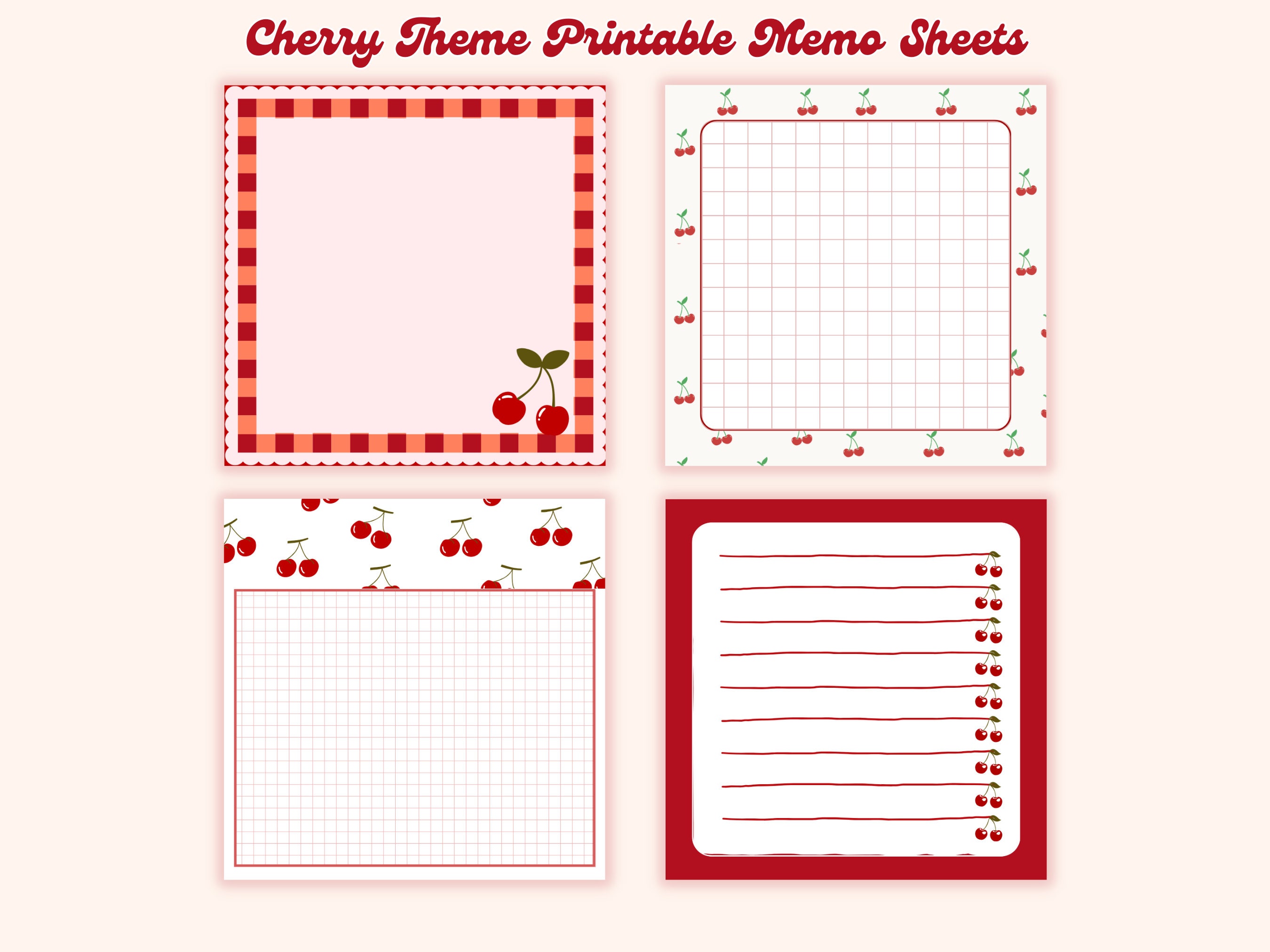 4 Designs Cherry Theme Printable Notepad 3x3 Inch Digital Download Memo ...