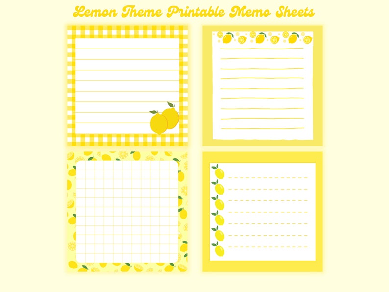 4 Designs Lemon Theme Printable Notepad 3x3 Inch Digital Download Memo ...