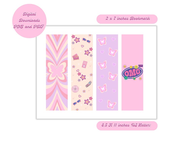 4 Designs Y2K Printable Bookmark Digital Bookmark Download PNG and PDF ...