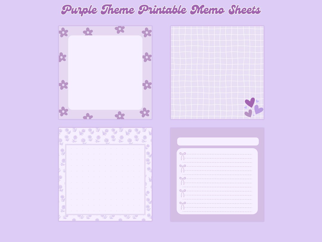 4 Designs Purple Theme Printable Notepad 3x3 Inch Digital Download Memo ...