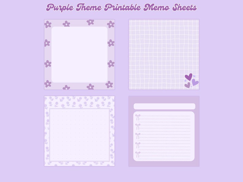 4 Designs Purple Theme Printable Notepad 3x3 Inch Digital Download Memo ...