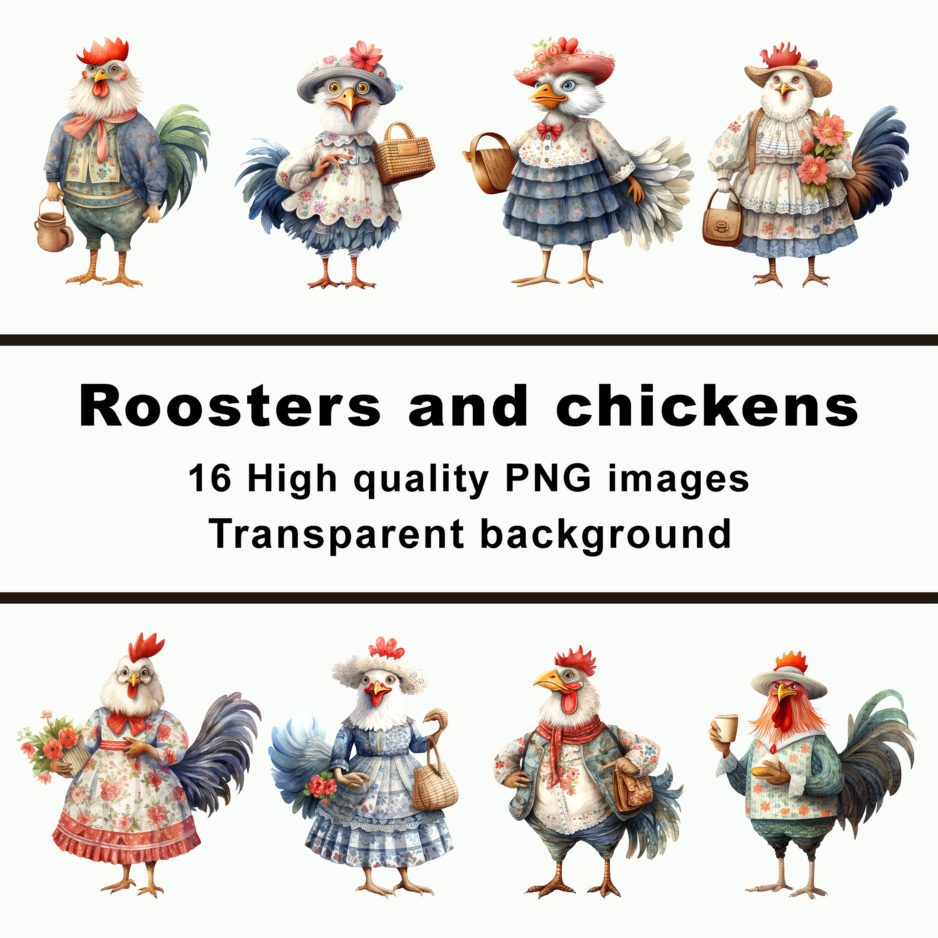 Roosters and Chickens, 16 Digital Farm Animals Clipart, PNG Transparent ...