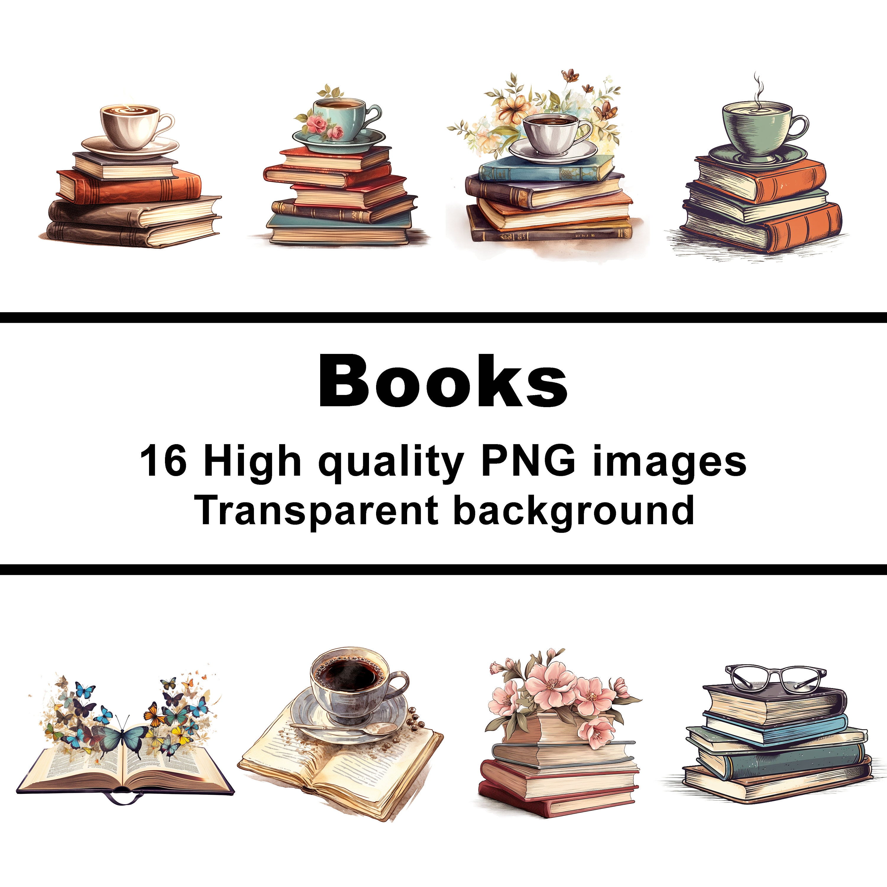 16 Books Clipart, Book Lovers Digital Downloads, PNG Illustrations ...