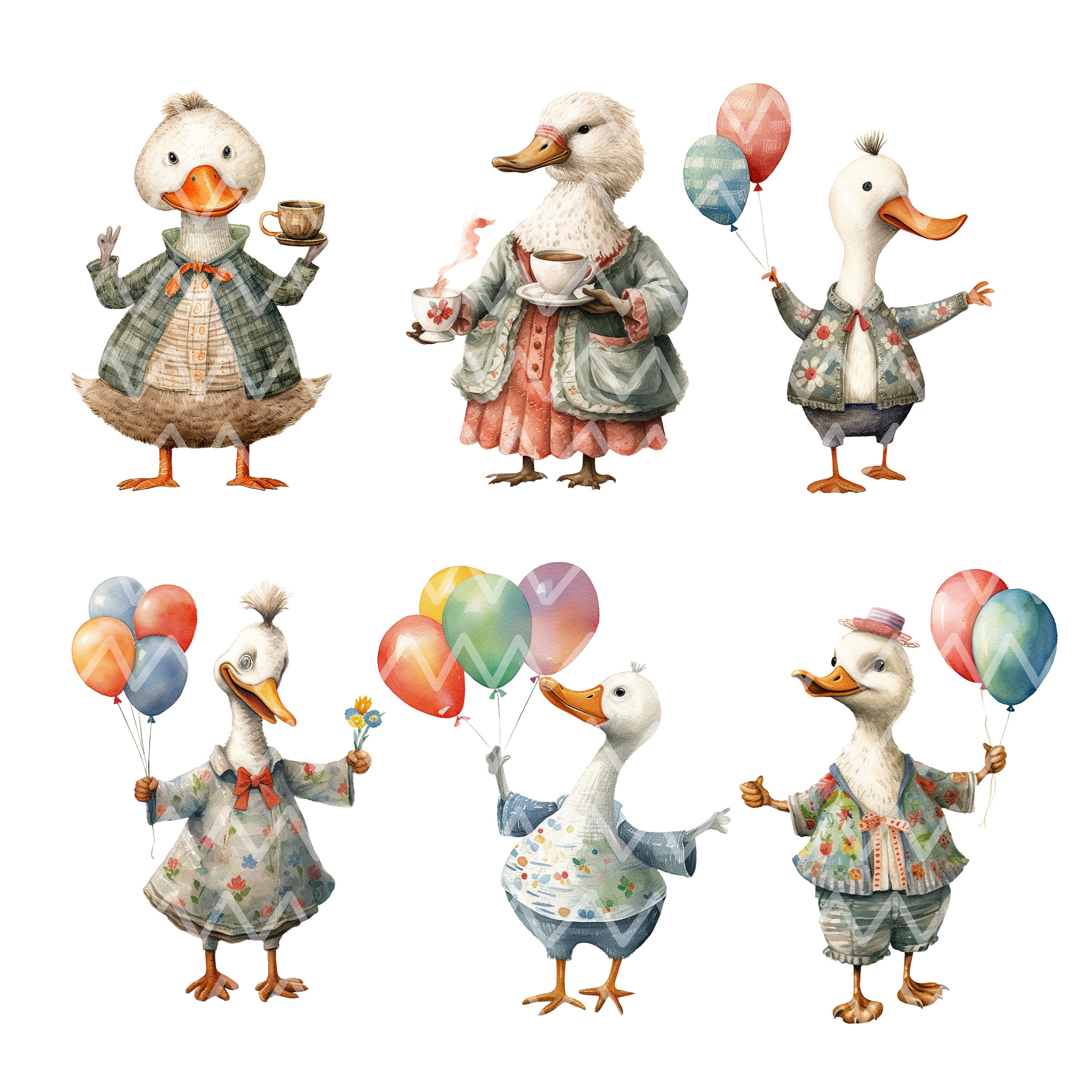 Geese Cartoon Illustration, 18 Nursery Clip Art, PNG Digital Prints ...