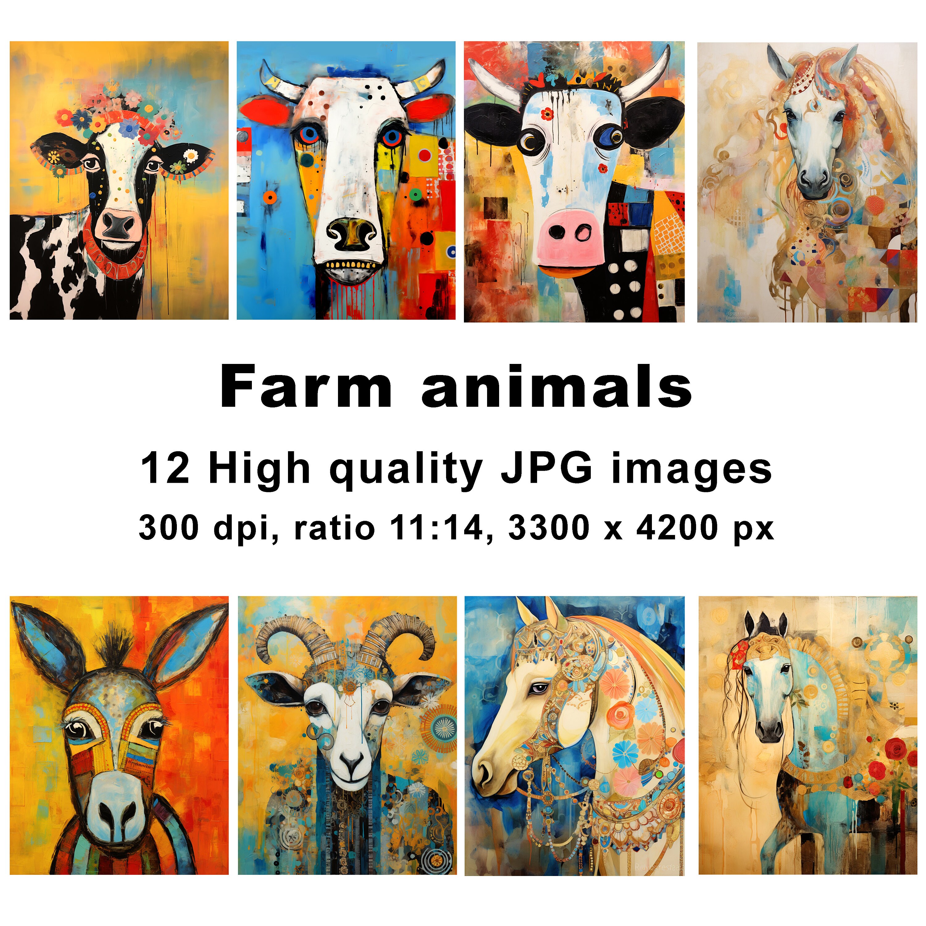 12 Whimsical Farm Animals Printable Art Decor, Colourful Portrait of ...