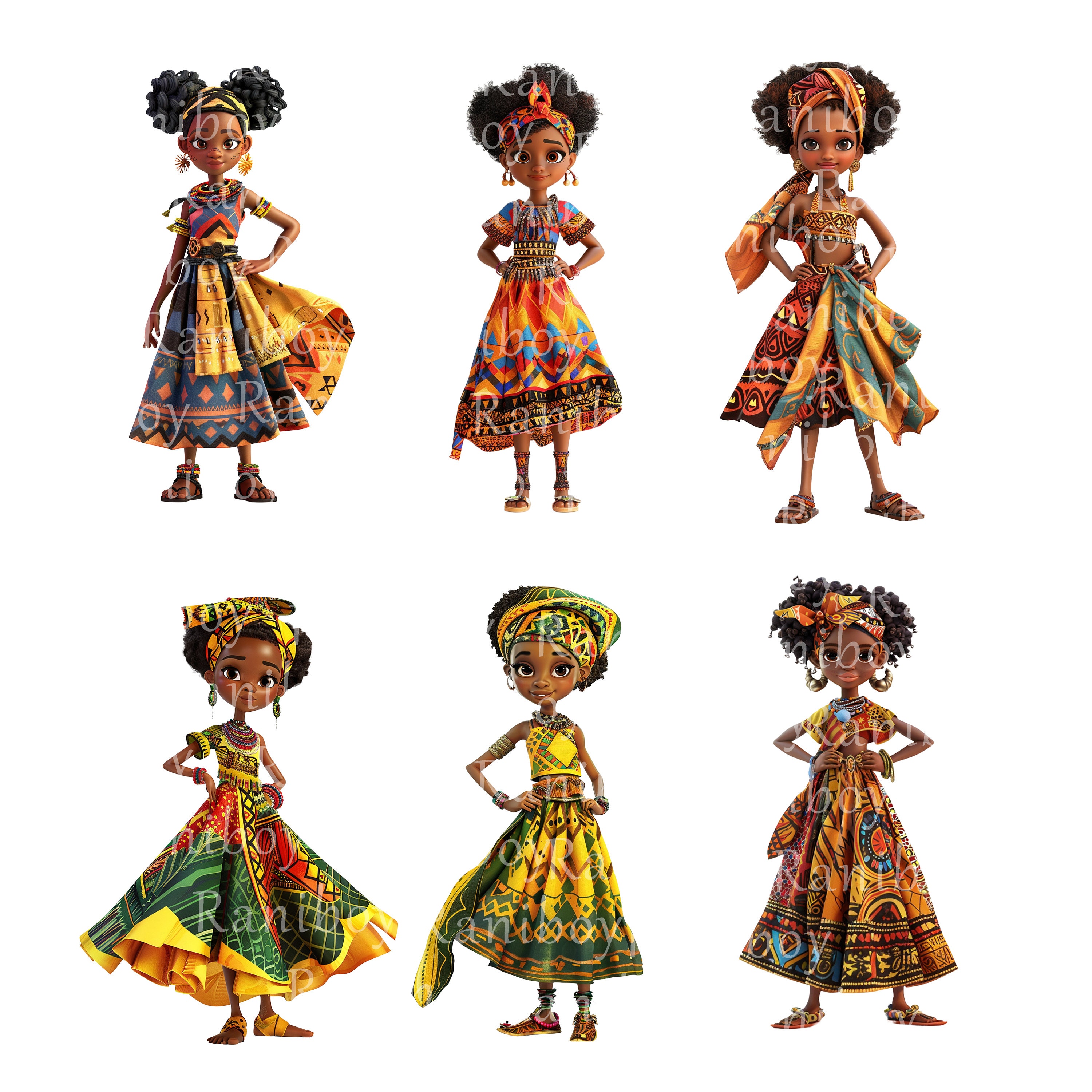 African Girls, 18 African Black Women in Traditional Dress, Cartoon ...