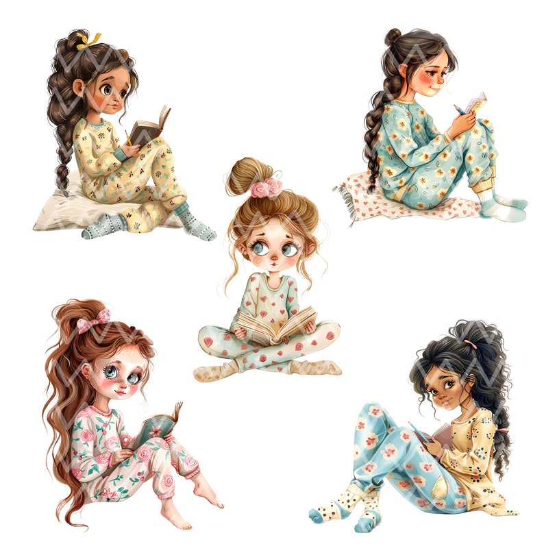 Girls in Pajamas, 20 Digital Cute Girls Clipart, Pyjama Party, PNG ...