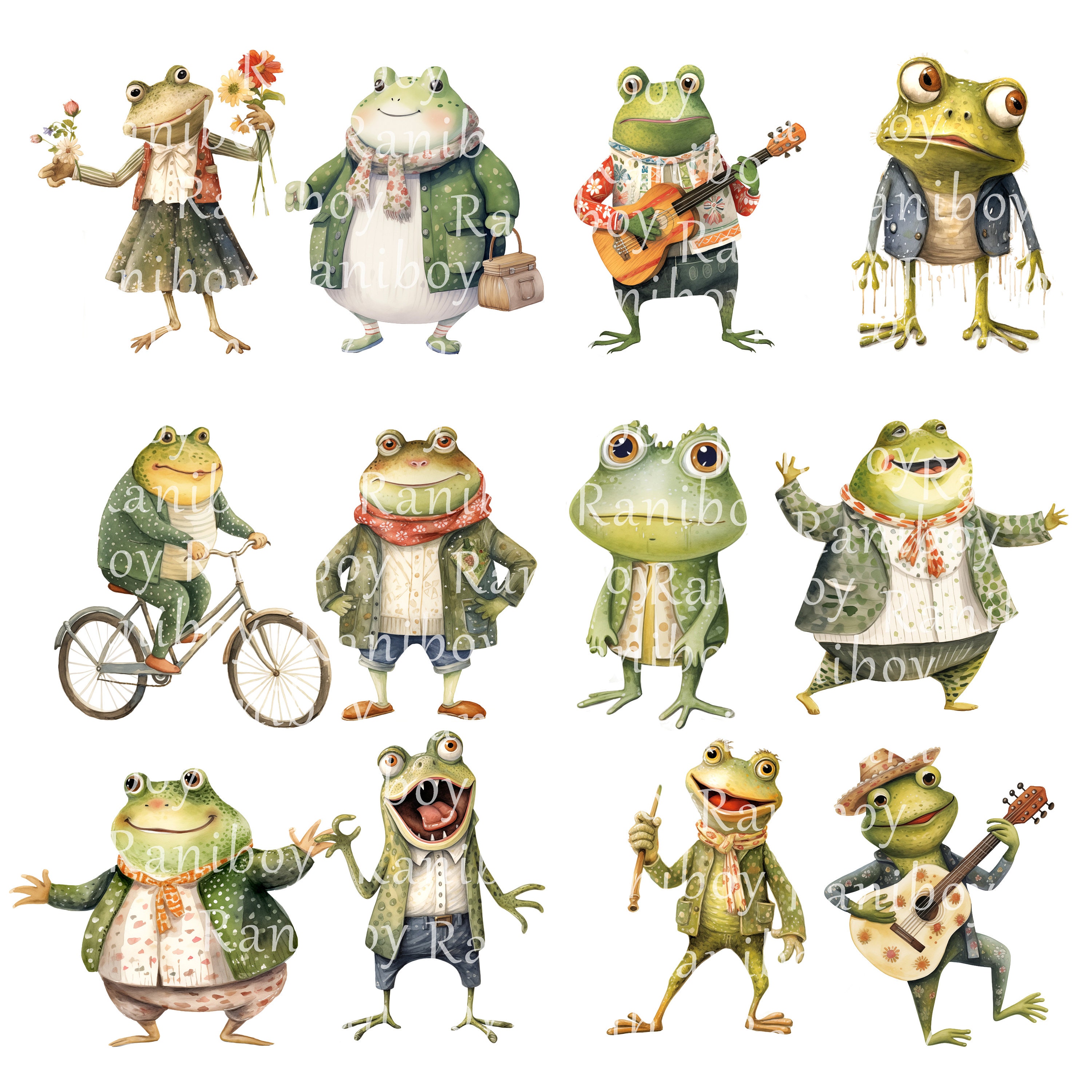 Happy Frogs Clip Art, 12 PNG Digital Print, Wall Art, Transparent ...