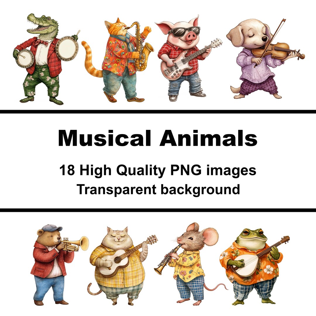 Musical Animals Clipart, 18 PNG Files, Funny Cat, Mouse, Transparent ...