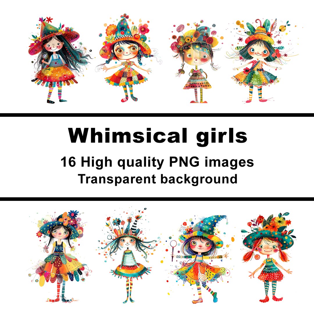 Whimsical Girls, Cartoon Girls Clipart, 16 PNG Files, Transparent ...