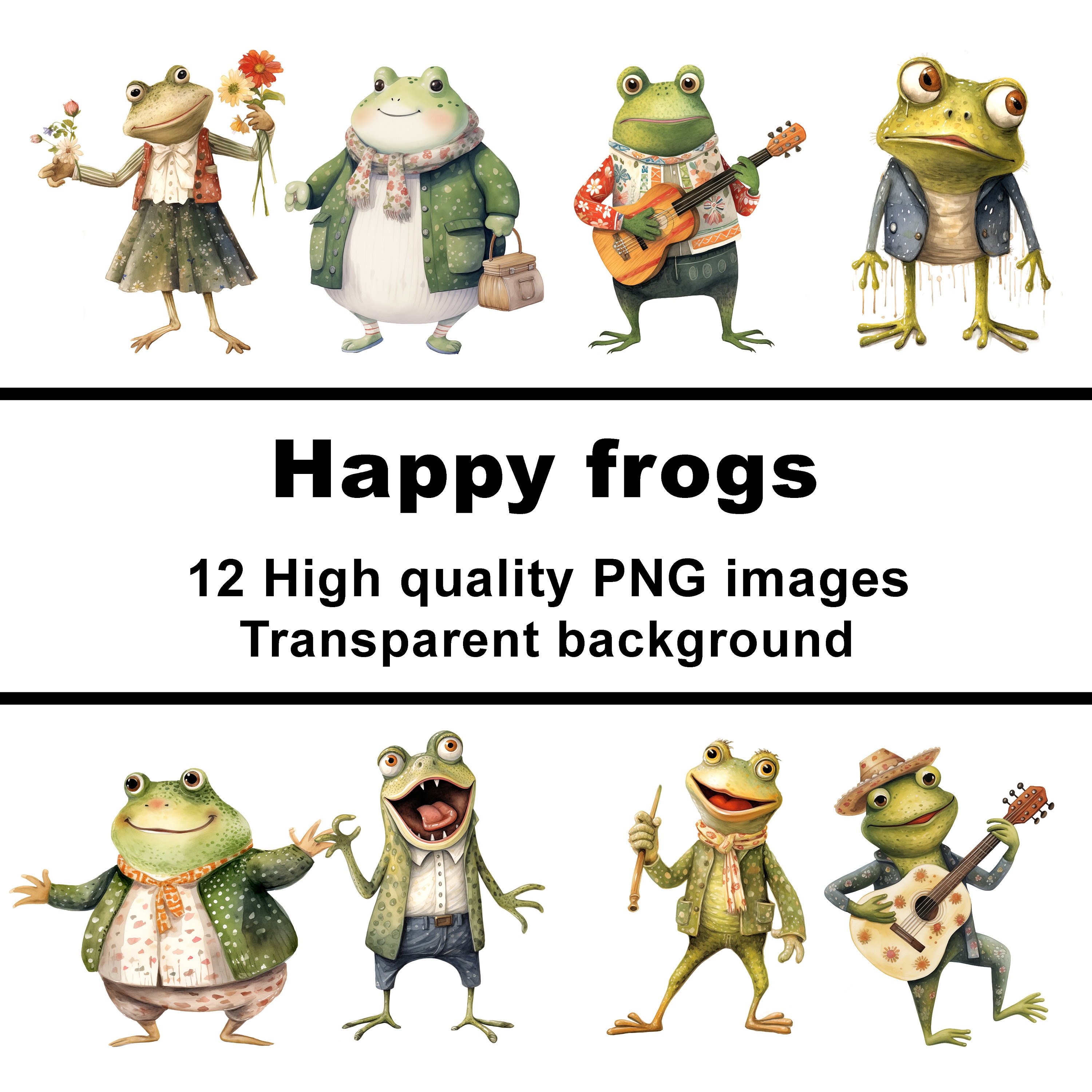 Happy Frogs Clip Art, 12 PNG Digital Print, Wall Art, Transparent ...