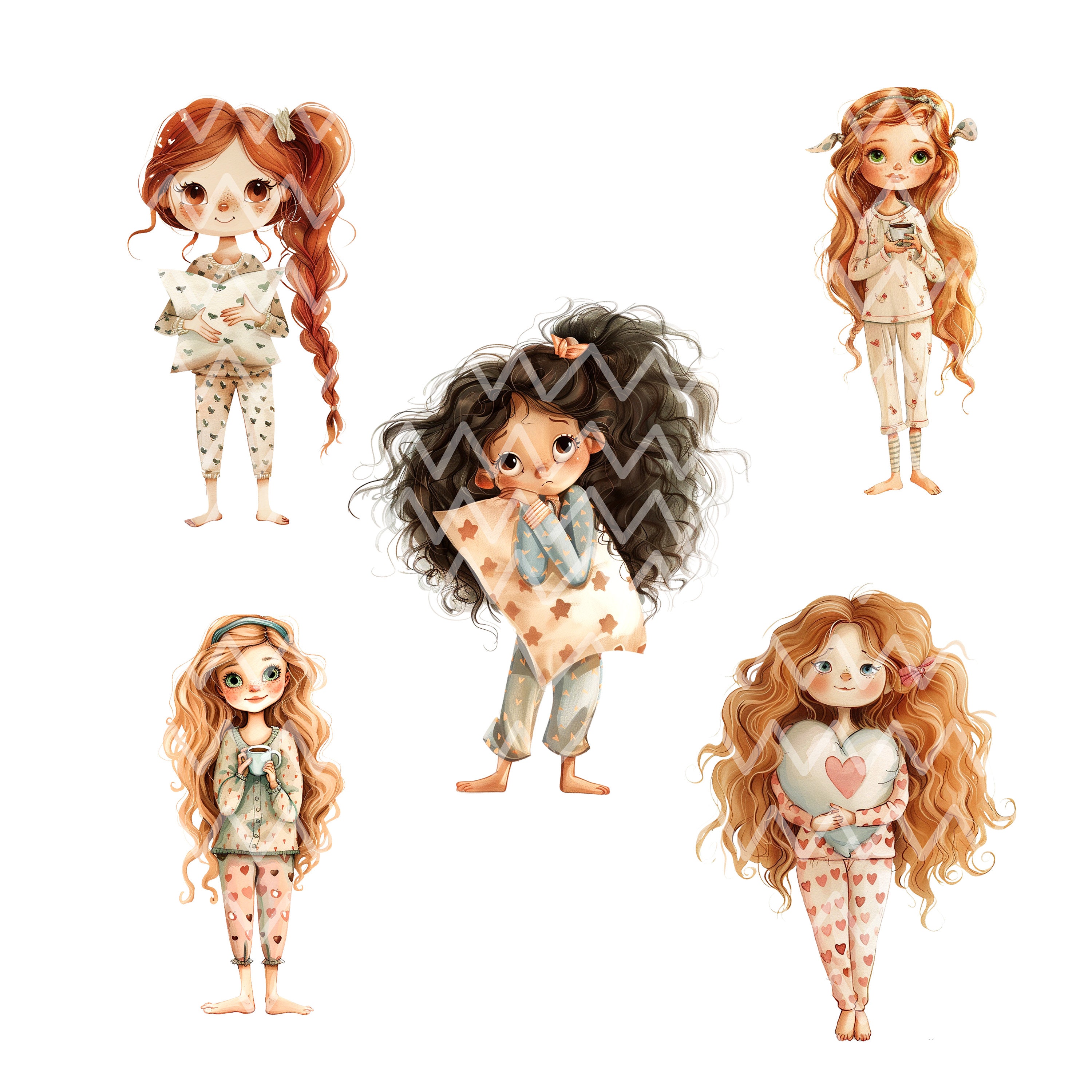 Girls in Pajamas, 20 Digital Cute Girls Clipart, Pyjama Party, PNG ...