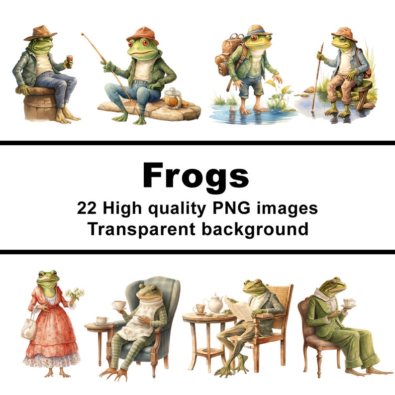 Vintage Frogs, Cartoon Frogs, 22 PNG Files Transparent Background ...