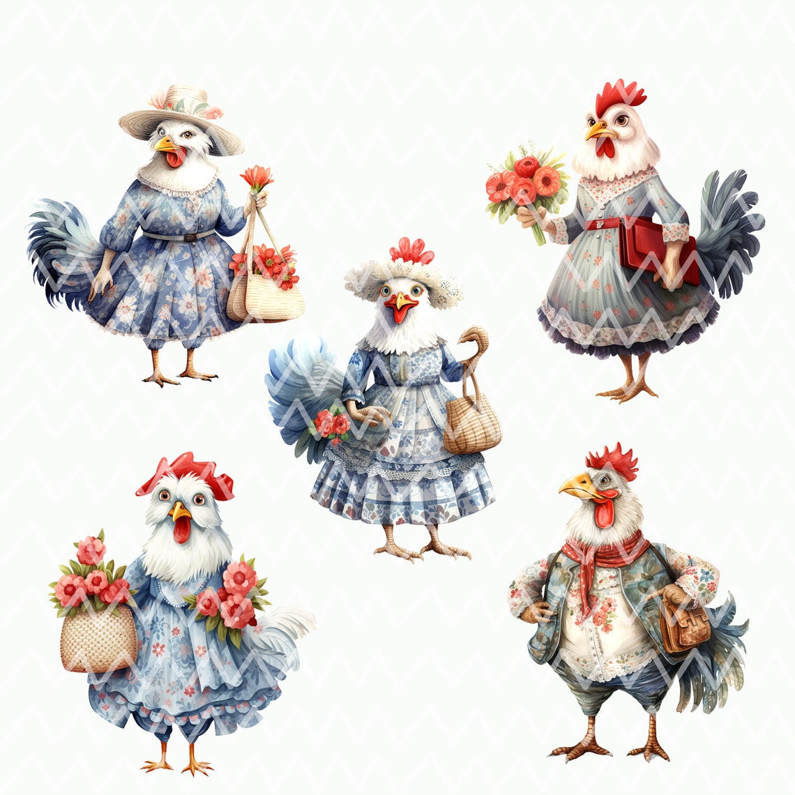 Roosters and Chickens, 16 Digital Farm Animals Clipart, PNG Transparent Background, Commercial ...