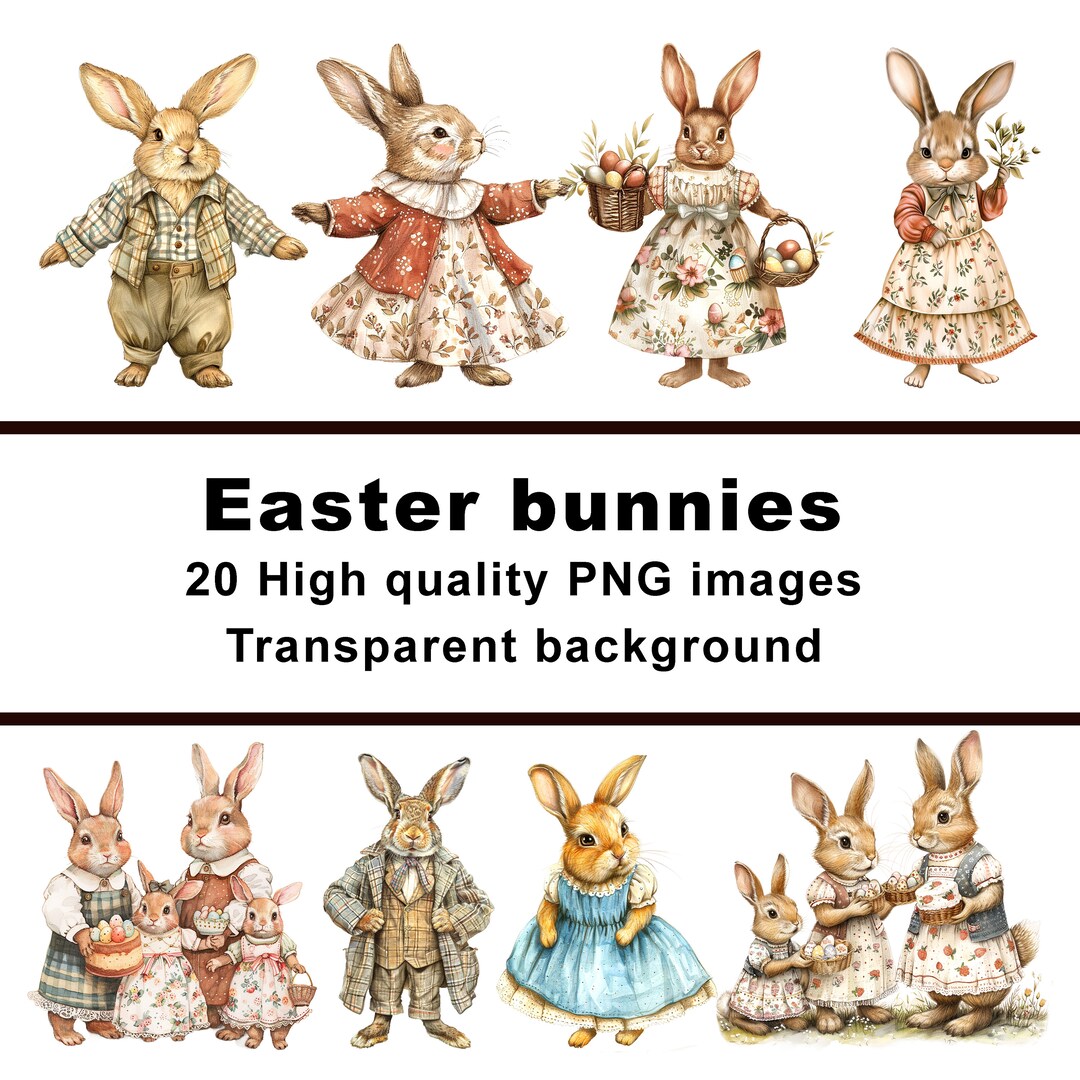 Easter Bunnies, 20 Vintage Rabbits Clip Art, PNG Transparent Background ...