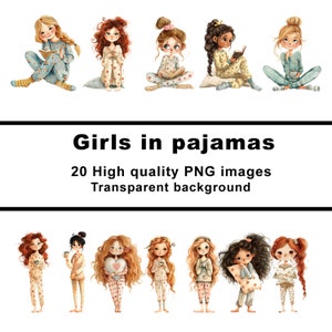 Girls in Pajamas, 20 Digital Cute Girls Clipart, Pyjama Party, PNG ...