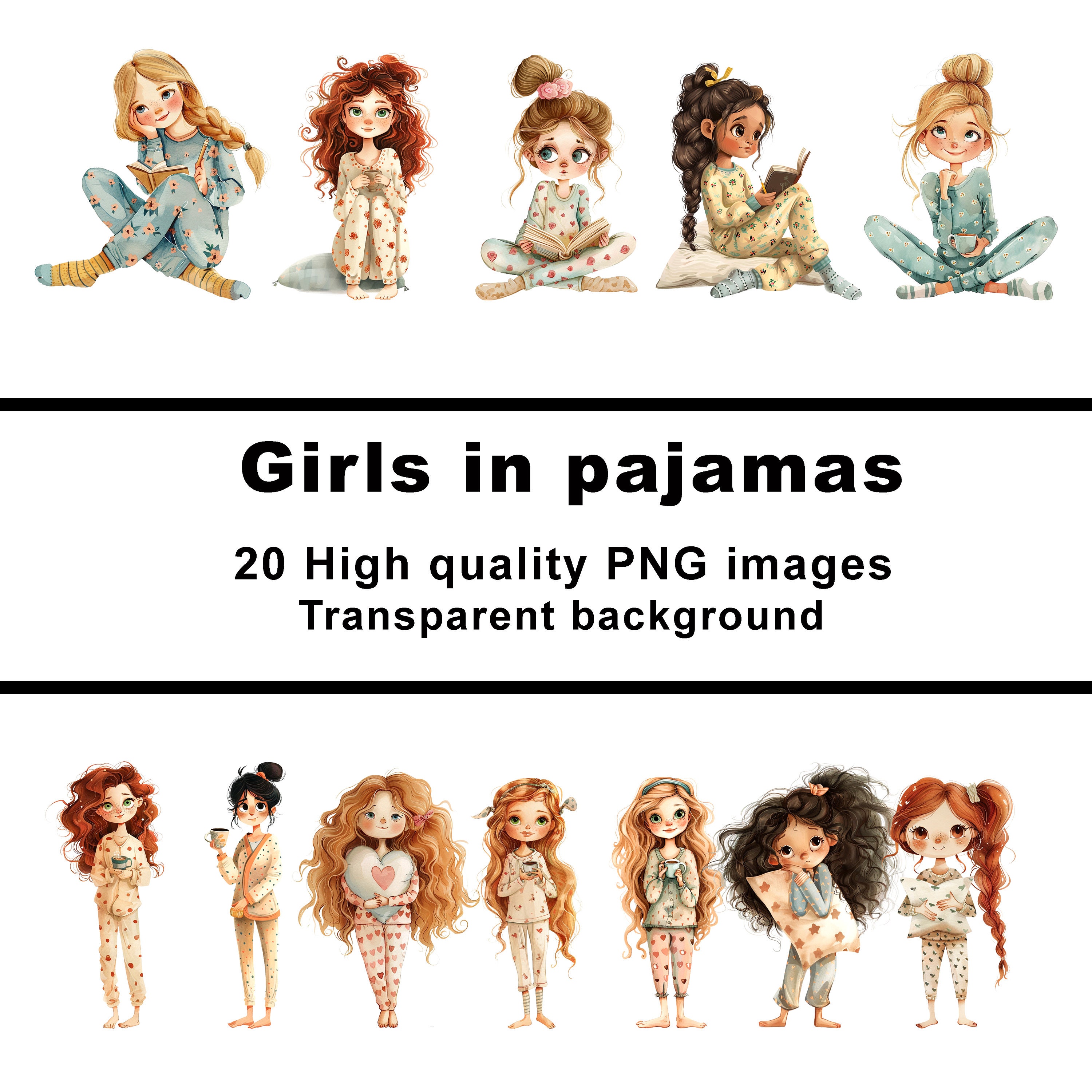 Girls in Pajamas, 20 Digital Cute Girls Clipart, Pyjama Party, PNG ...