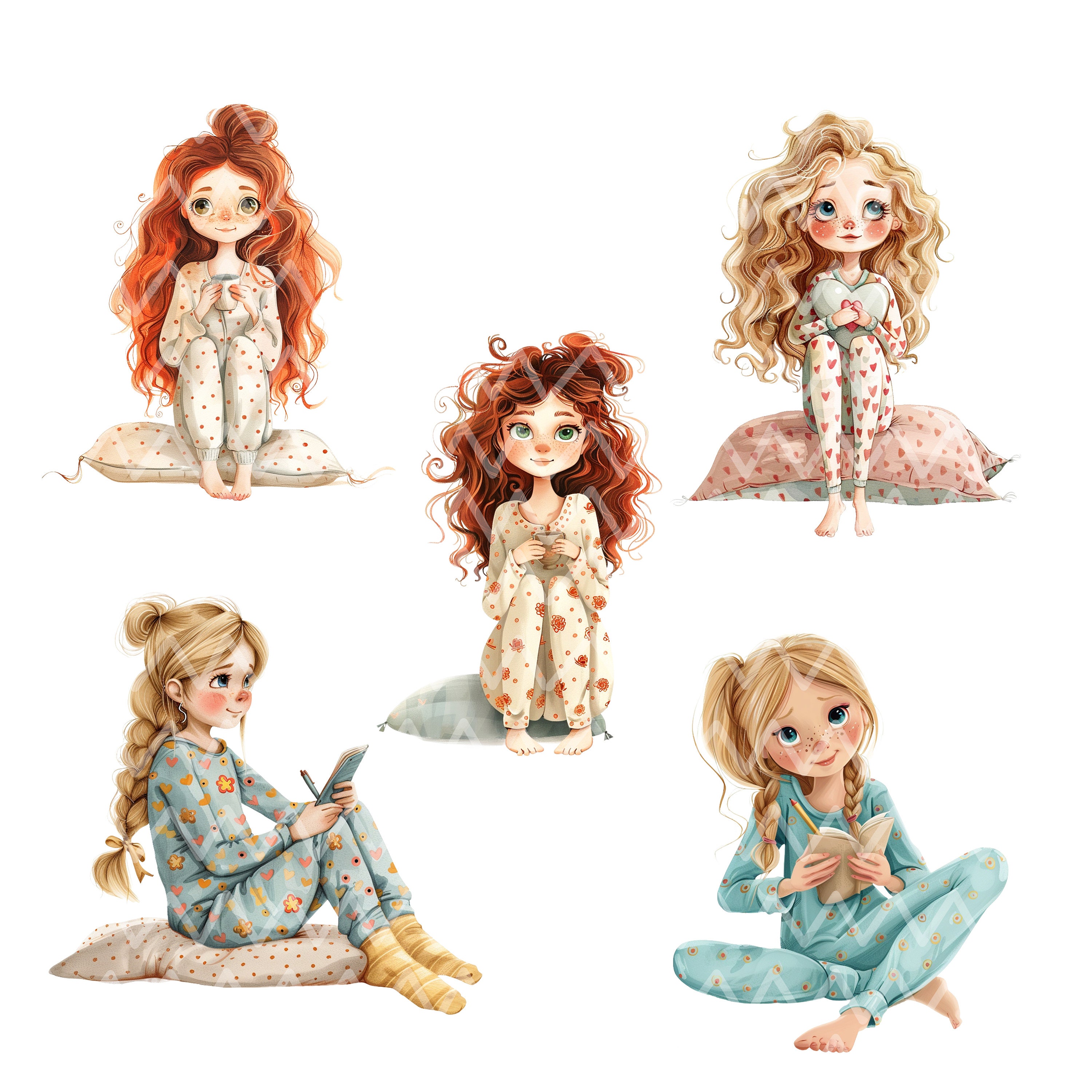 Girls in Pajamas, 20 Digital Cute Girls Clipart, Pyjama Party, PNG ...