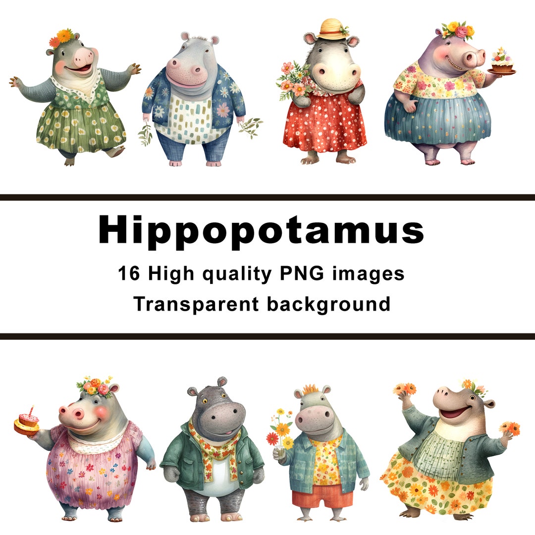 Cartoon Hippo, 16 Digital Clipart, PNG Transparent Background ...