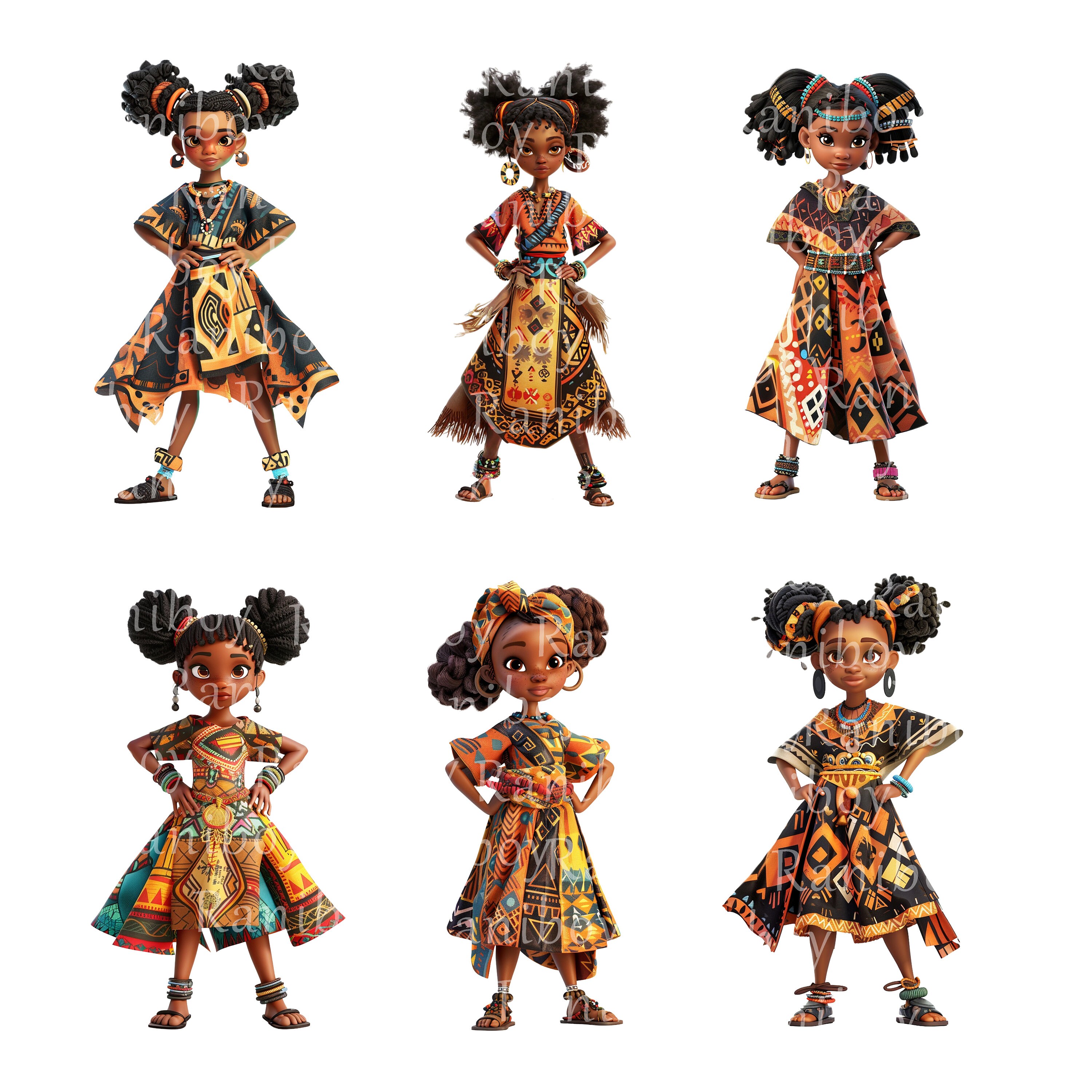 African Girls, 18 African Black Women in Traditional Dress, Cartoon ...