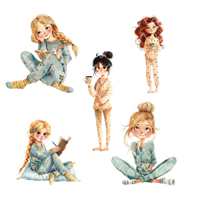 Girls in Pajamas, 20 Digital Cute Girls Clipart, Pyjama Party, PNG ...