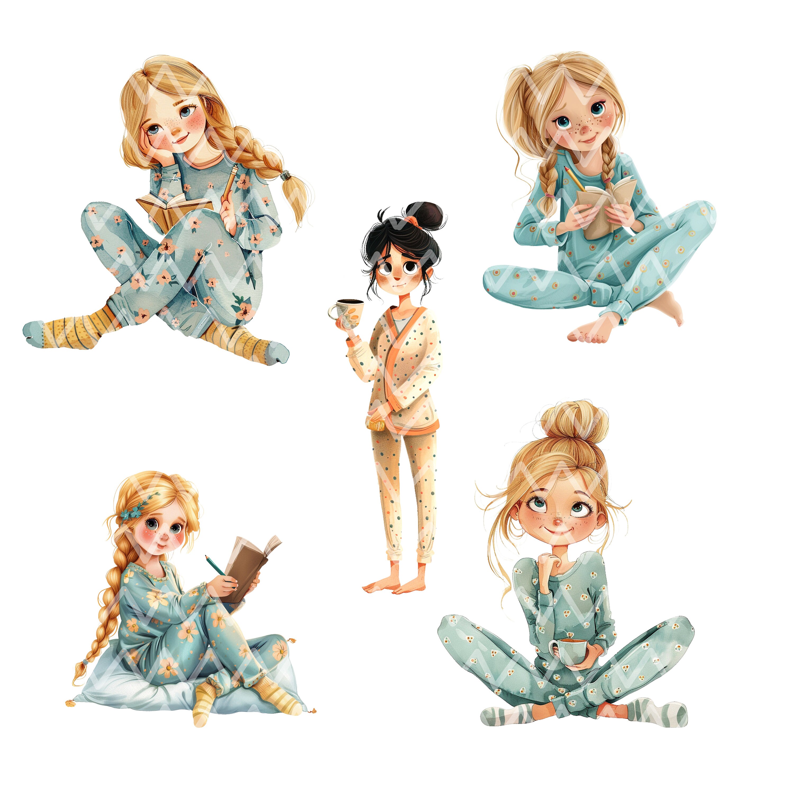 Girls in Pajamas, 20 Digital Cute Girls Clipart, Pyjama Party, PNG ...
