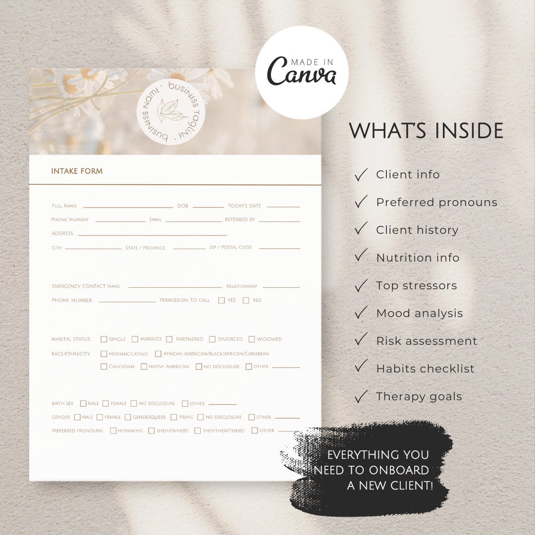 Counsellor Intake Form, Client Intake Forms, Therapy Intake Form ...