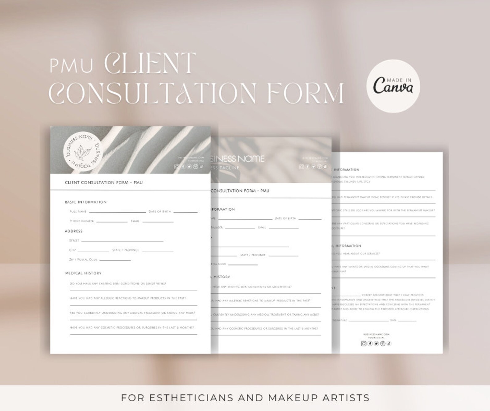PMU Client Consultation Form, Esthetician Consultation Form, Therapy ...