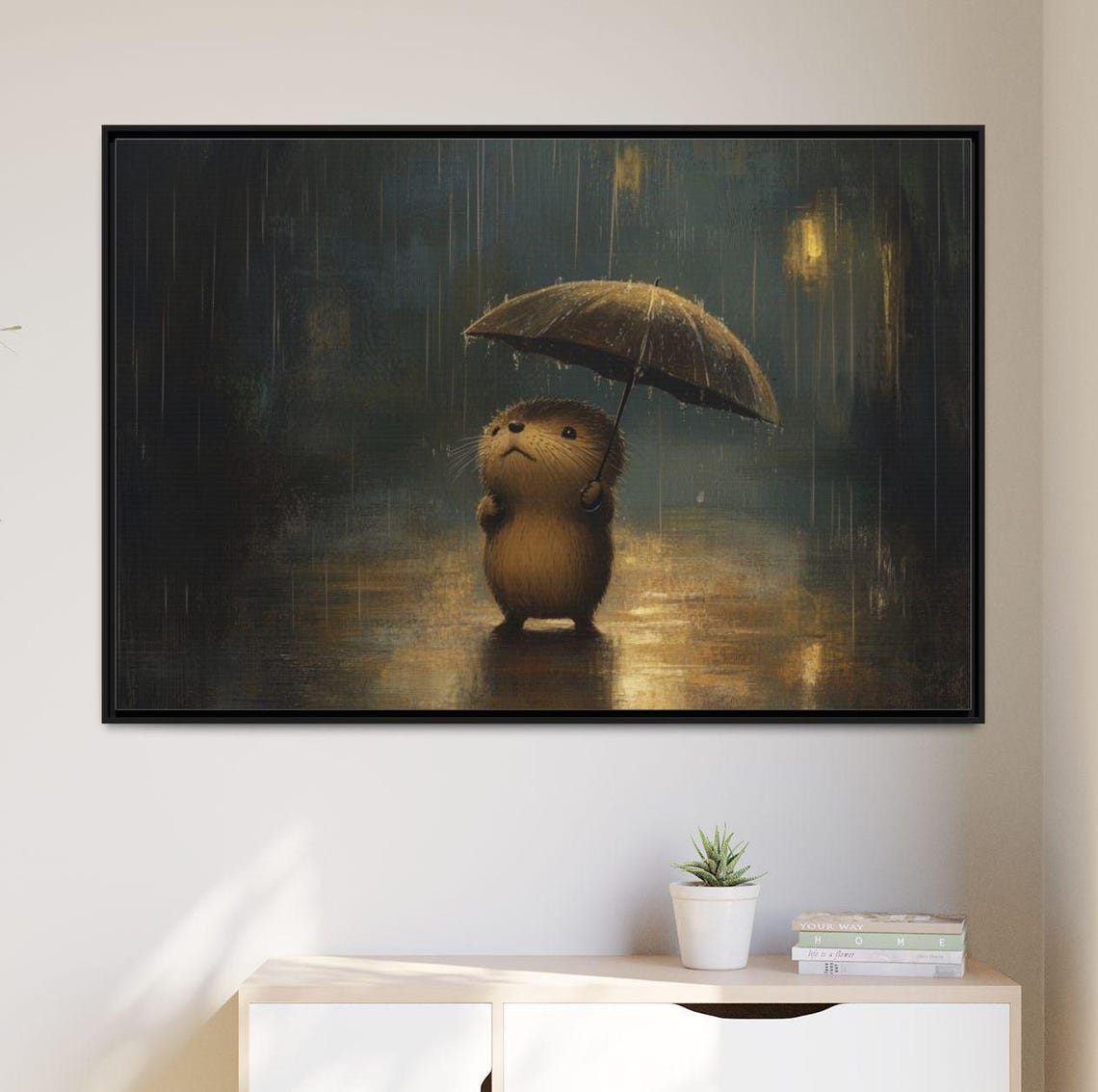 Otter in Rainstorm Canvas Print: Whimsical Nursery Wall Art - Etsy