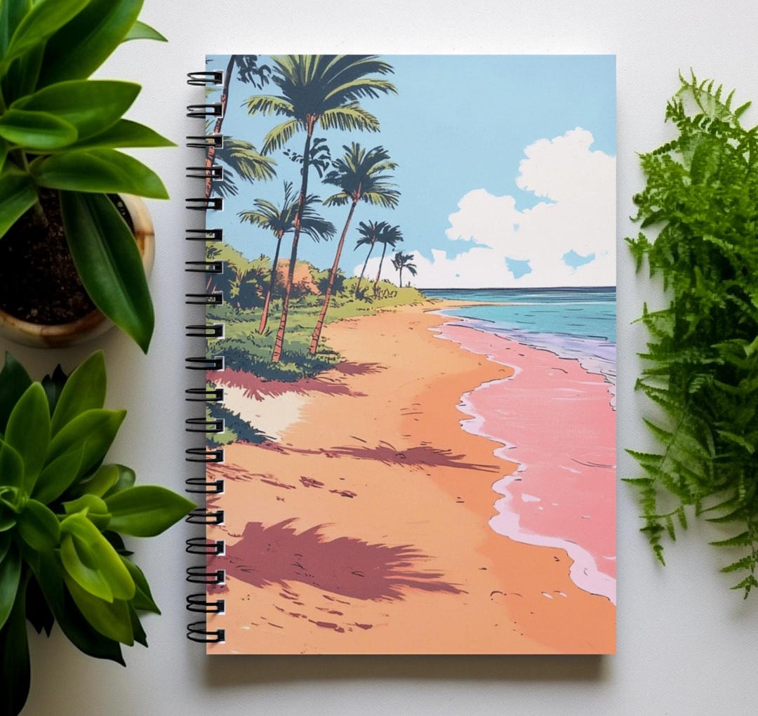 Tropical Beach Spiral Notebook: Pink Sand, Palm Trees, Ruled Line ...