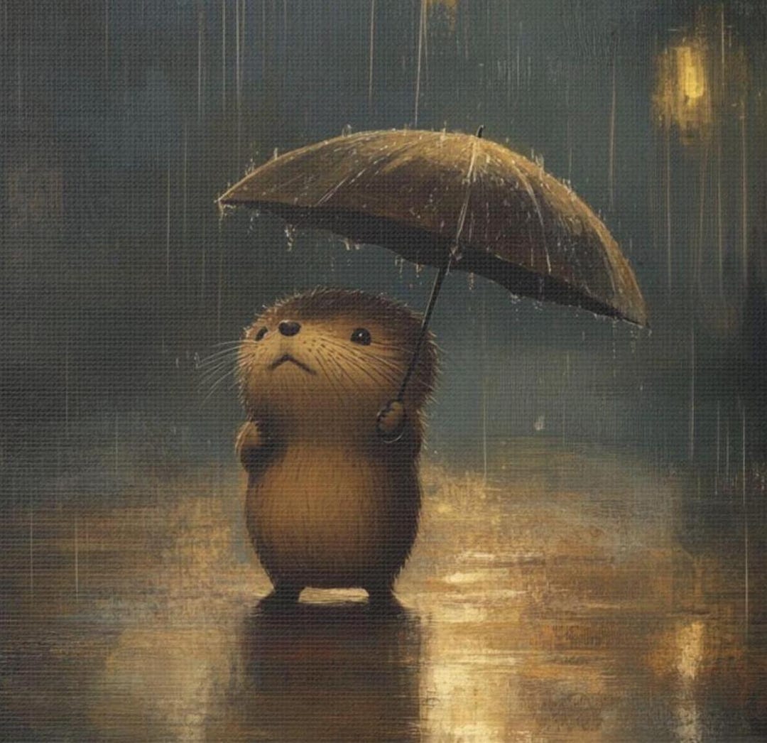 Otter in Rainstorm Canvas Print: Whimsical Nursery Wall Art - Etsy