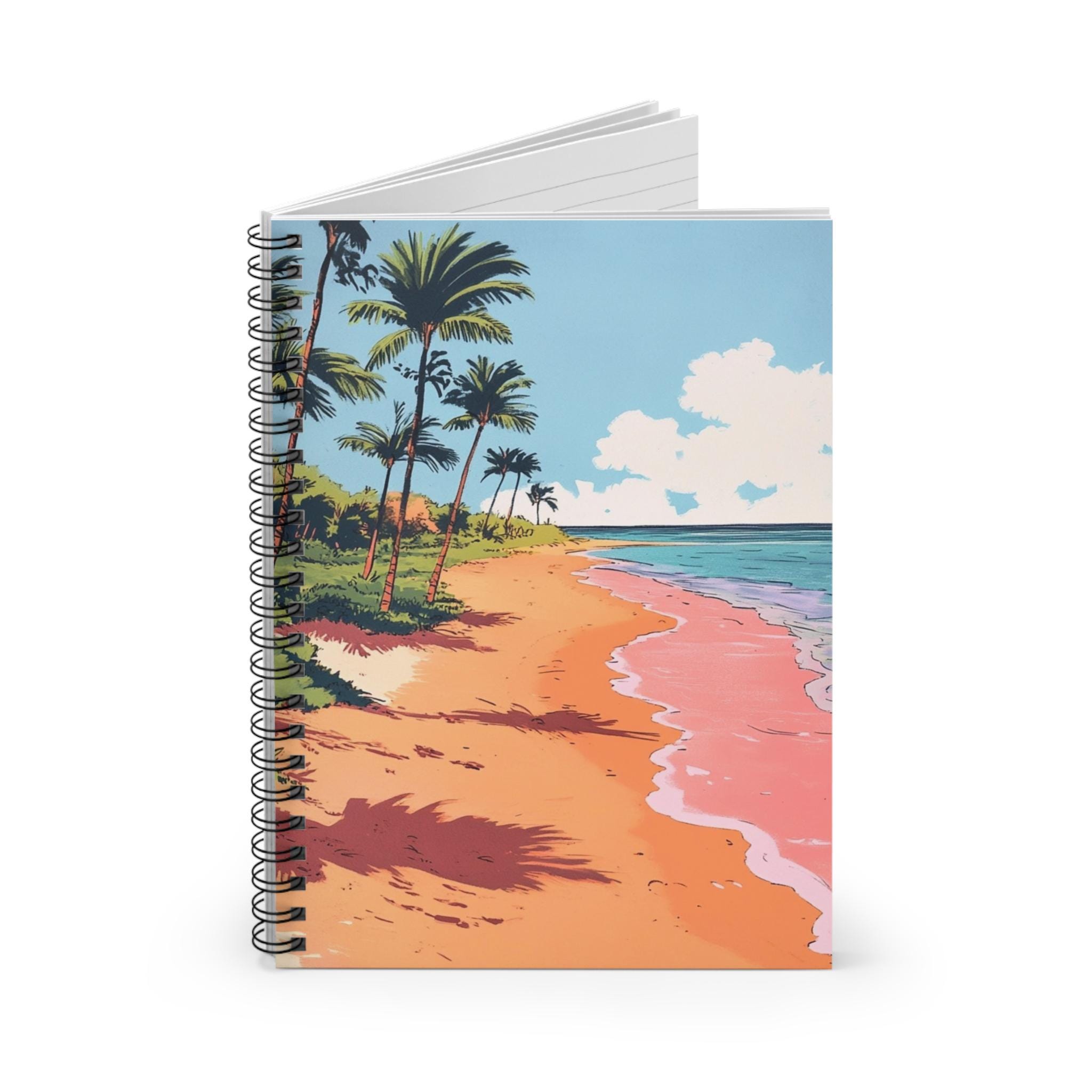 Tropical Beach Spiral Notebook: Pink Sand, Palm Trees, Ruled Line ...