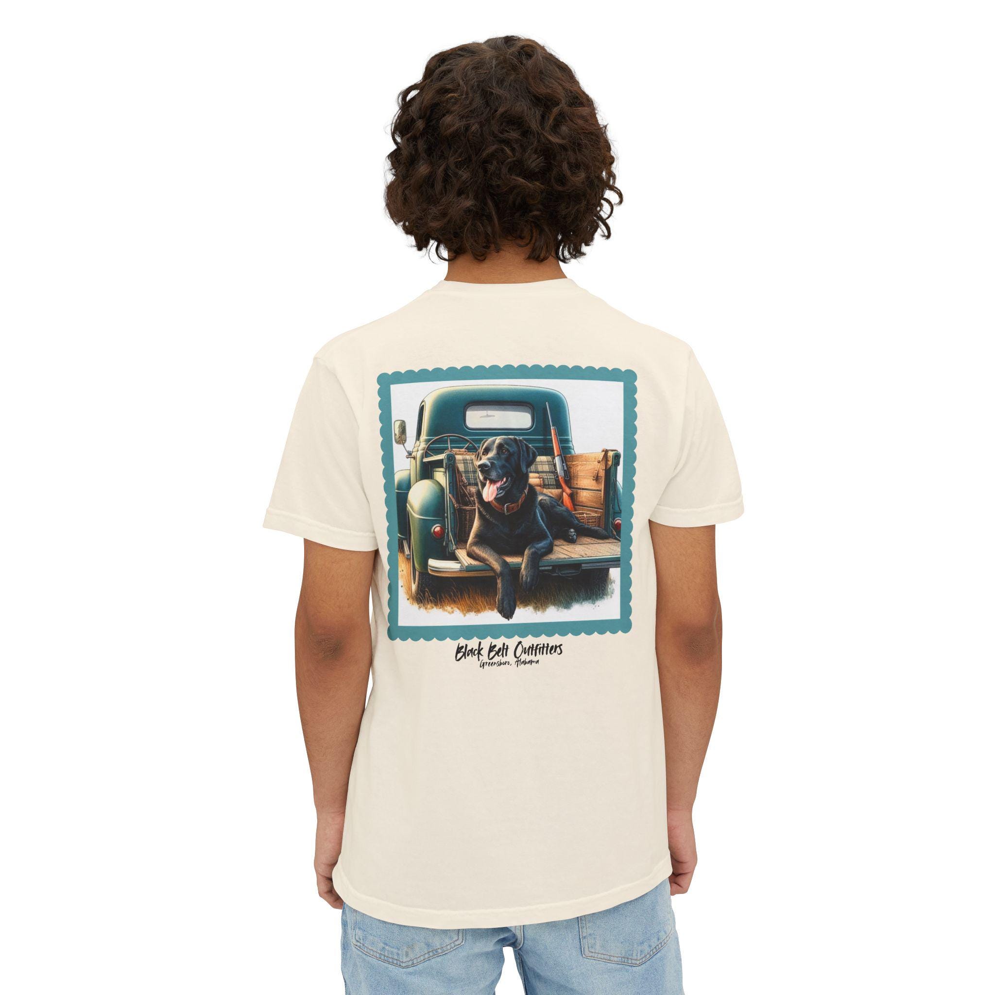 BLACK LAB Hunting Dog in a TRUCK Unisex Pocket Tshirt, Relaxed Fit ...