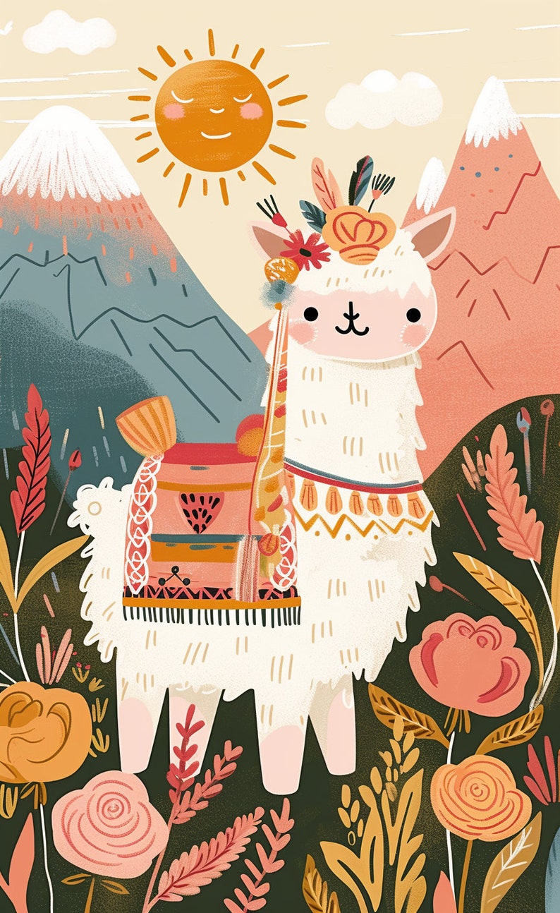 Adorable Scandinavian-style Kids' Alpalca Art Nature-inspired Digital ...
