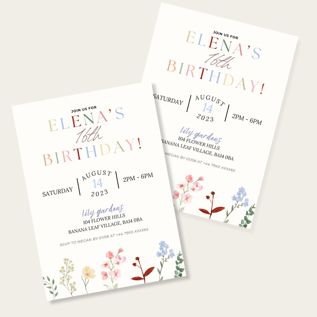 Editable Floral Birthday Party Invitation, Canva Birthday Template ...