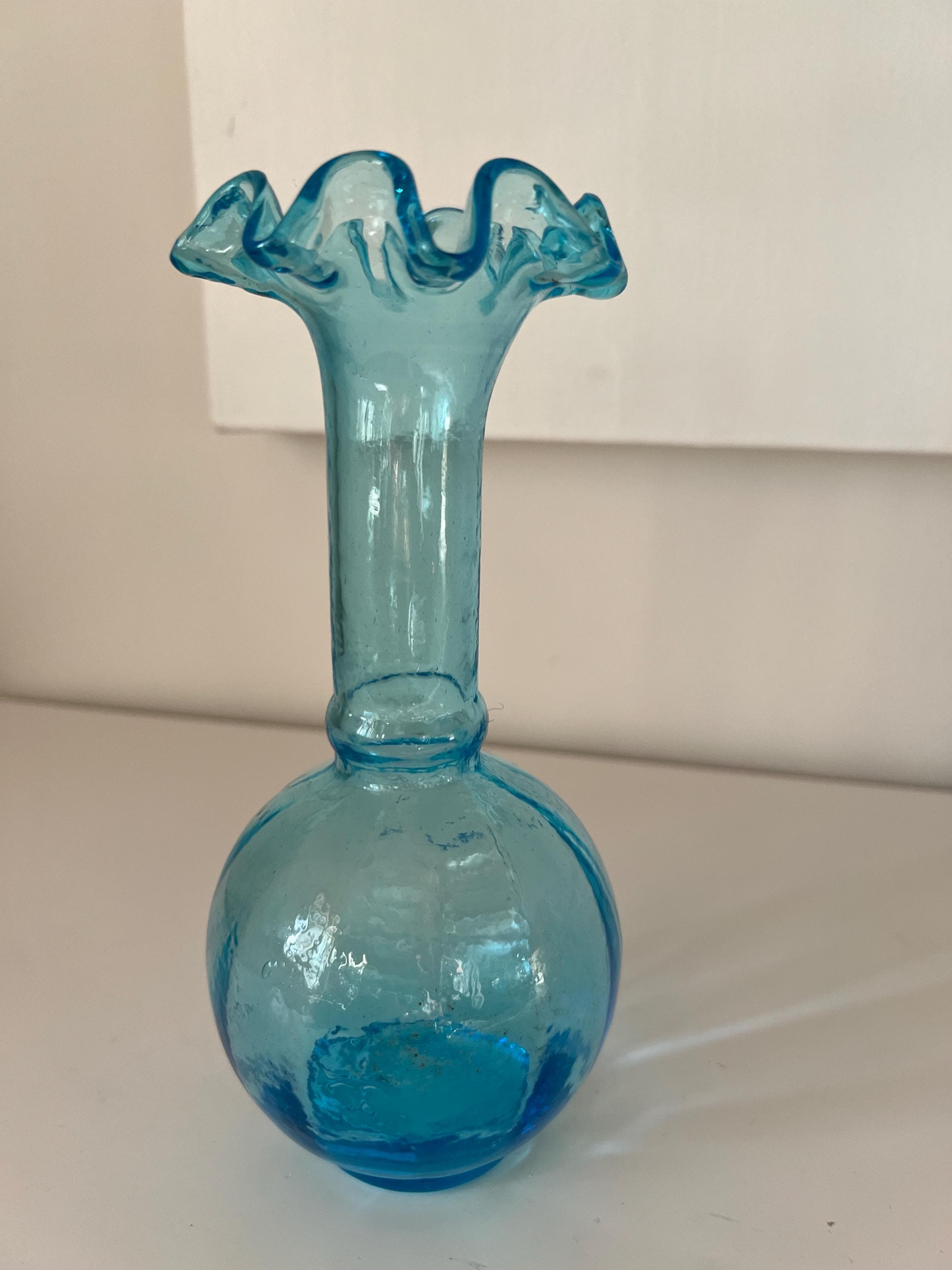 Vintage Blue Glass Vase With Train Embossment With Stemmed Ruffled Top ...