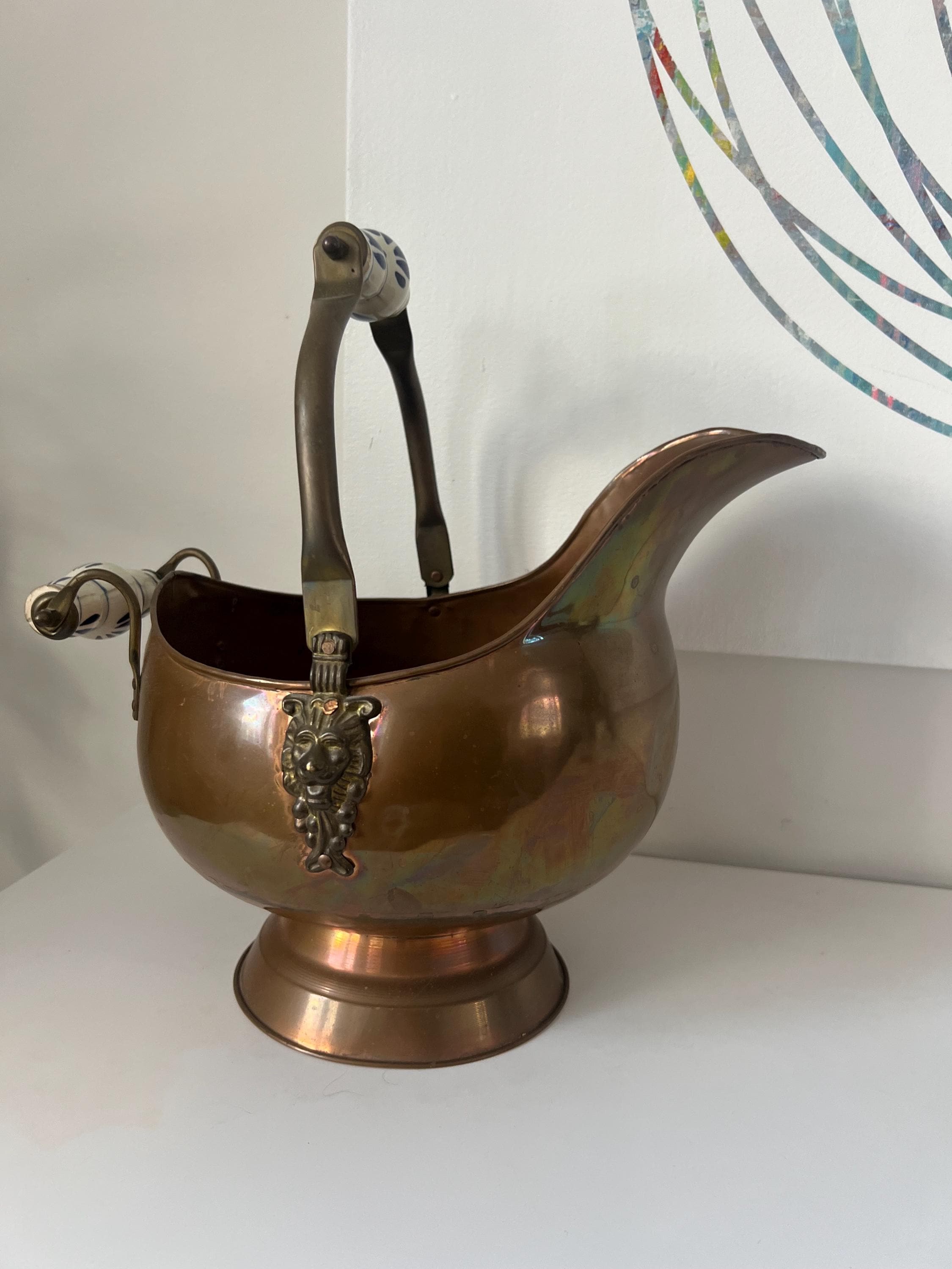 Antique Large Copper Coal Scuttle Ash Bucket Planter Brass Lion's Heads ...