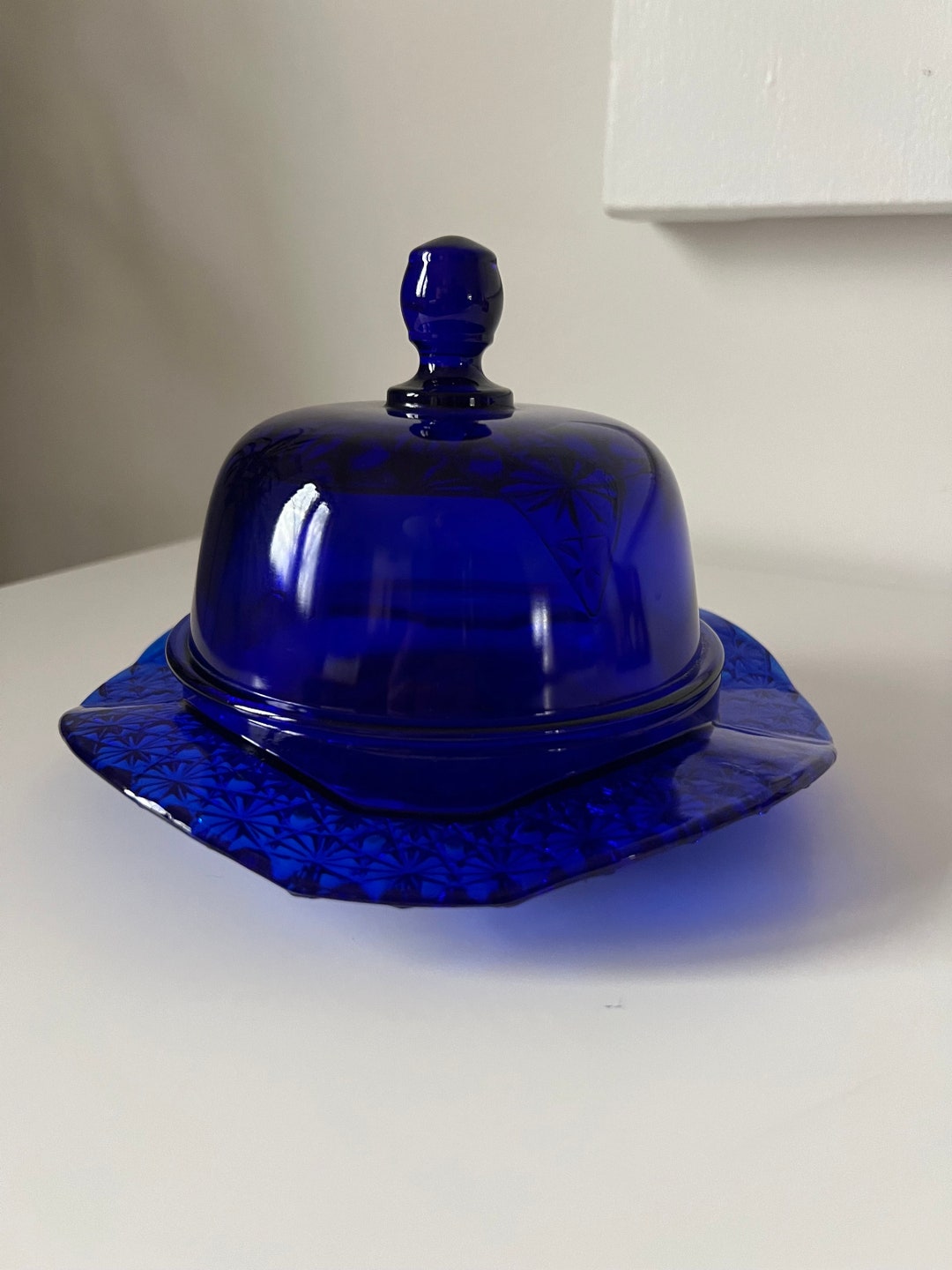 Vintage Cobalt Blue Round Daisy and Button Butter Dish - Etsy