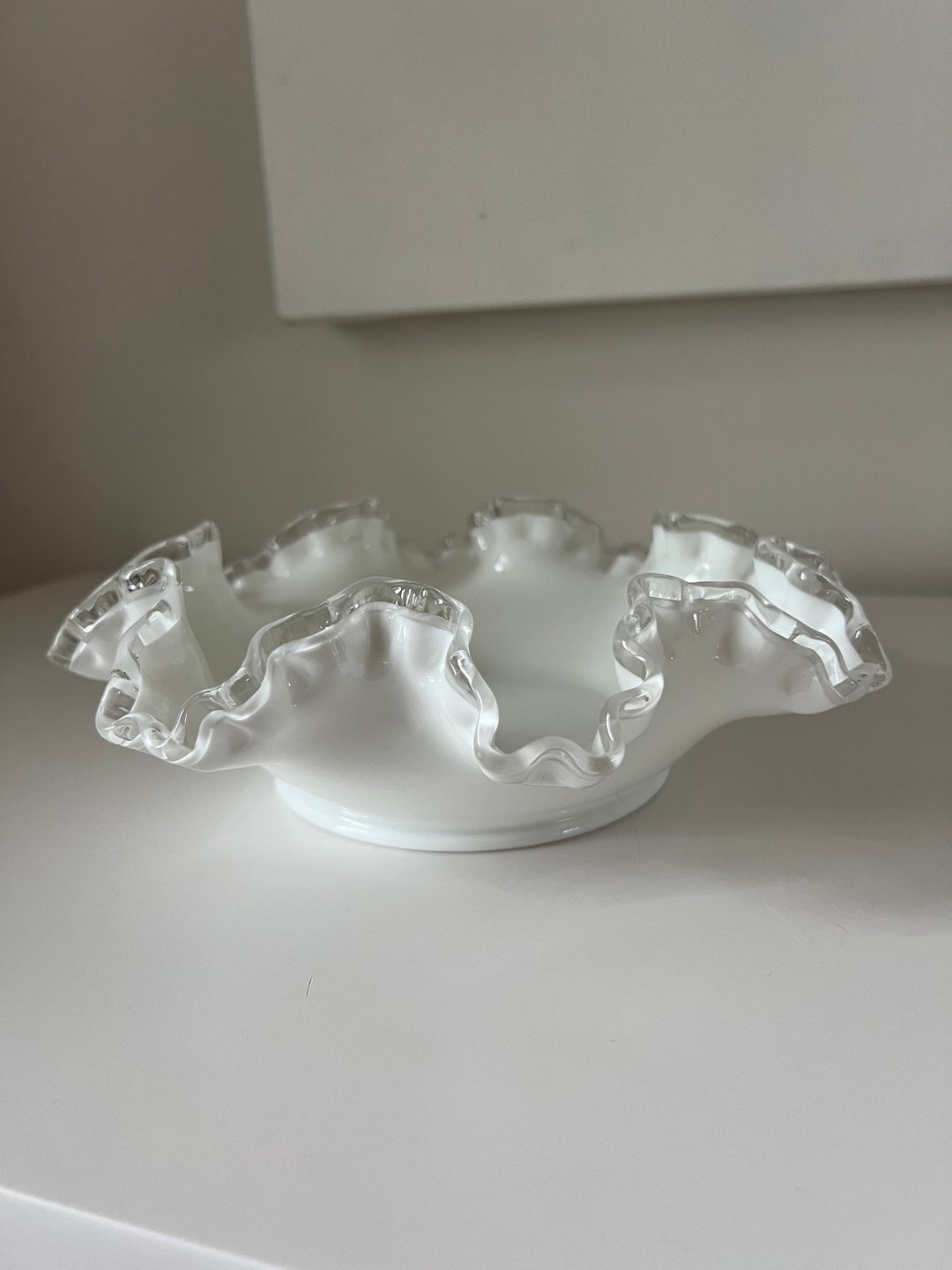 Vintage Fenton White Milk Glass Silver Crest Clear Ruffle Edge Bowl 10r ...