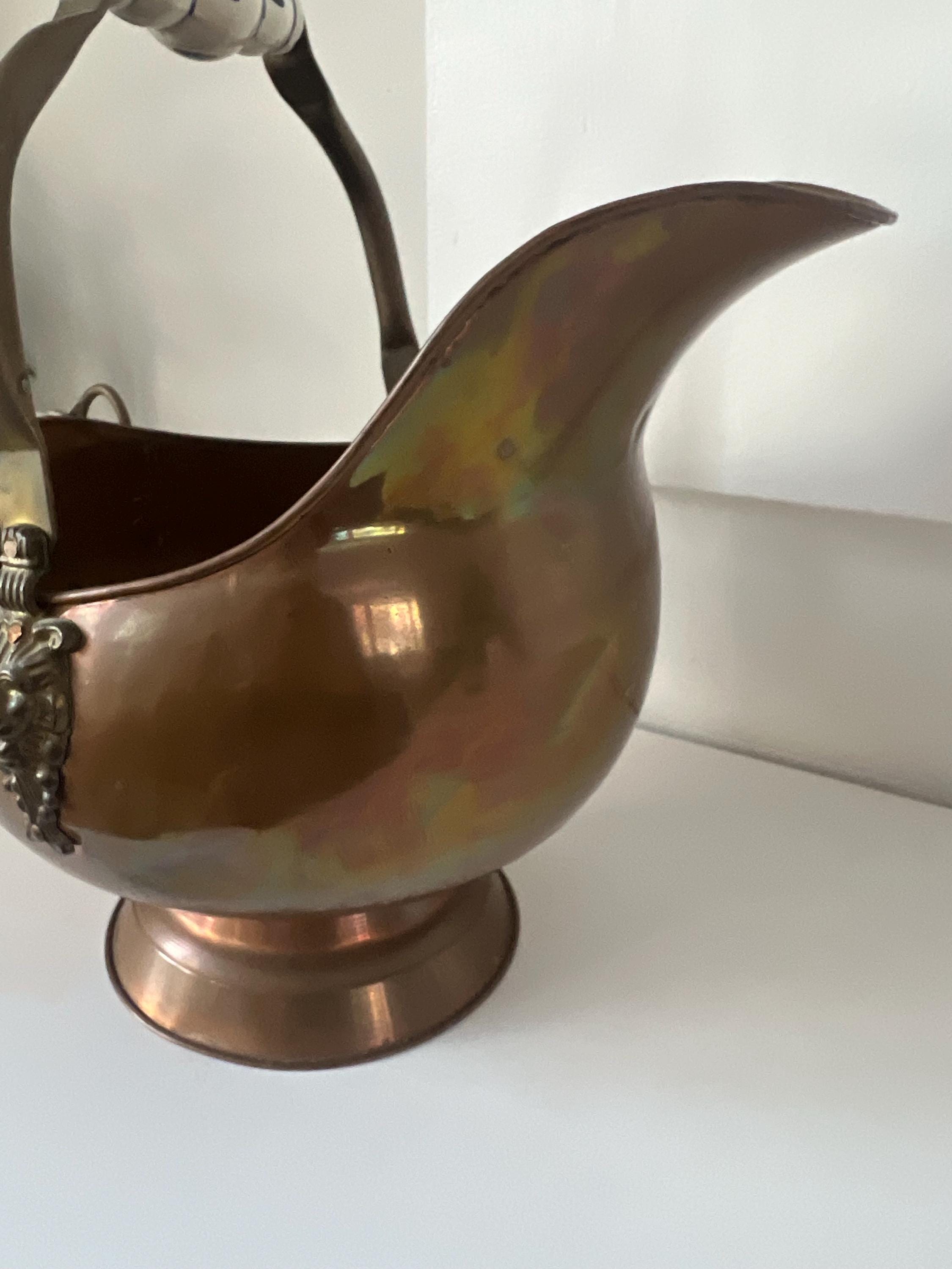 Antique Large Copper Coal Scuttle Ash Bucket Planter Brass Lion's Heads ...