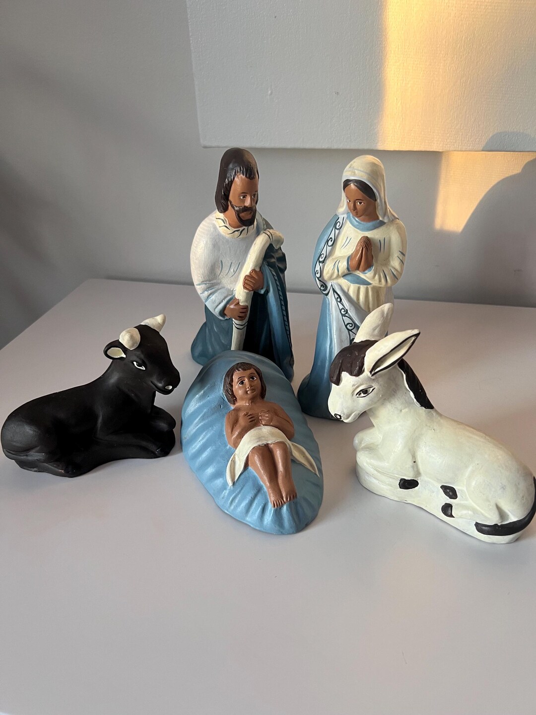 Vintage Hand-painted Clay Nativity Set | Mary Joseph Jesus and Animals ...