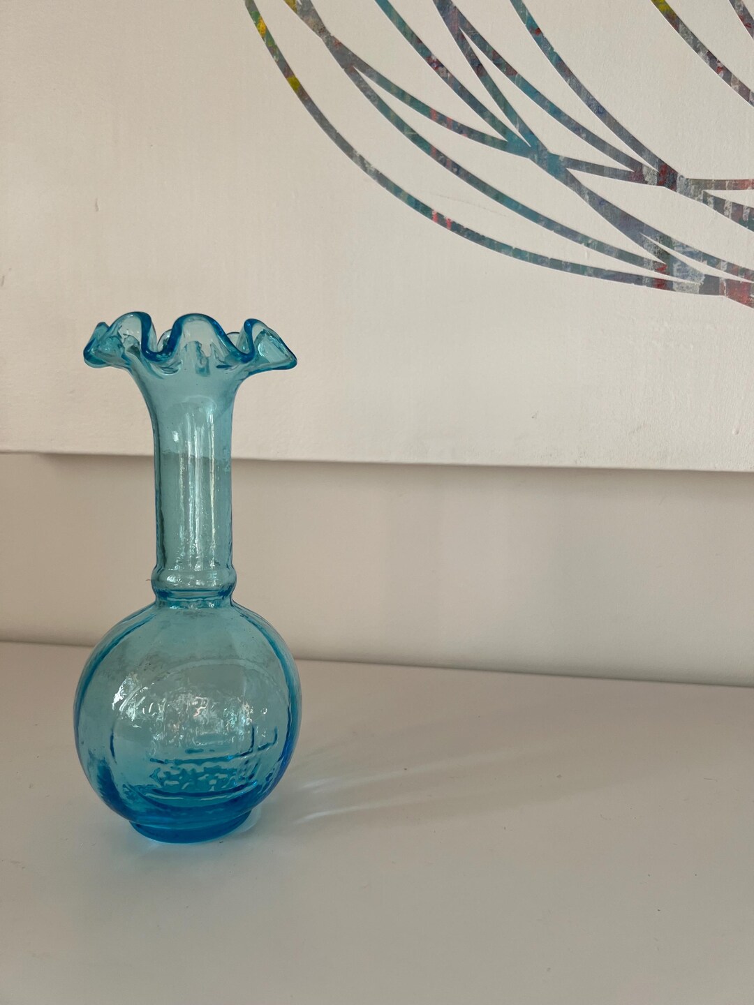 Vintage Blue Glass Vase With Train Embossment With Stemmed Ruffled Top ...