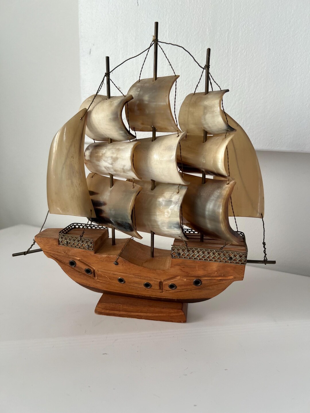Stunning Vintage Hand Crafted Wooden Boat | Carved Bull Horn Sails - Etsy