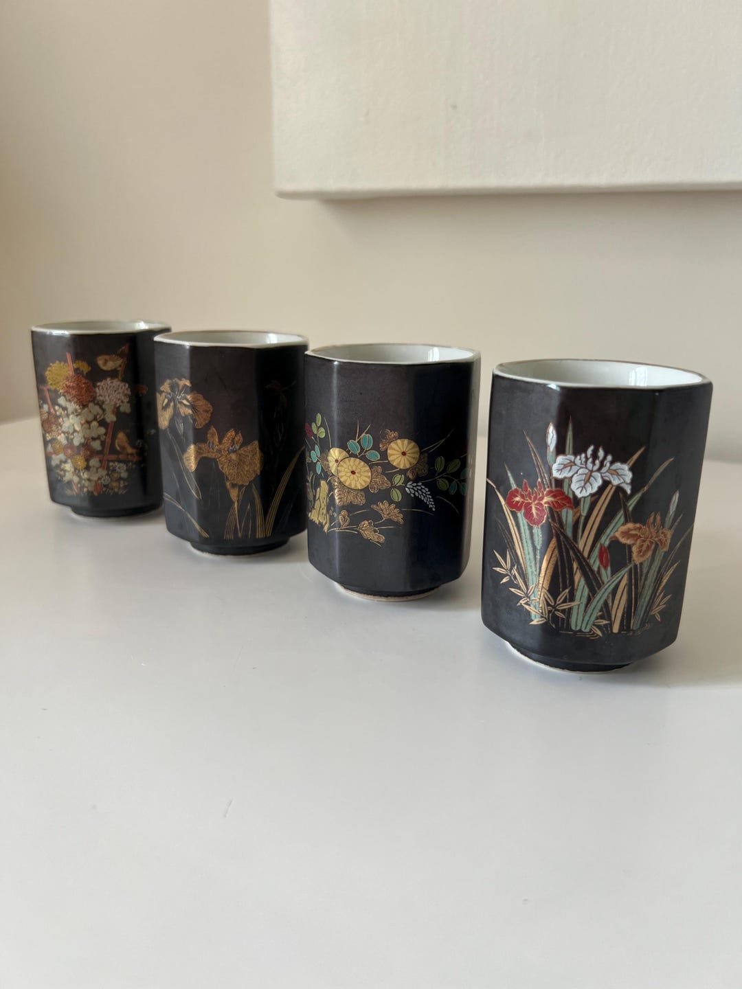 Stunning Set of 4 Matte Black Signed Kutani Shochu Cup Very Fine Gold ...