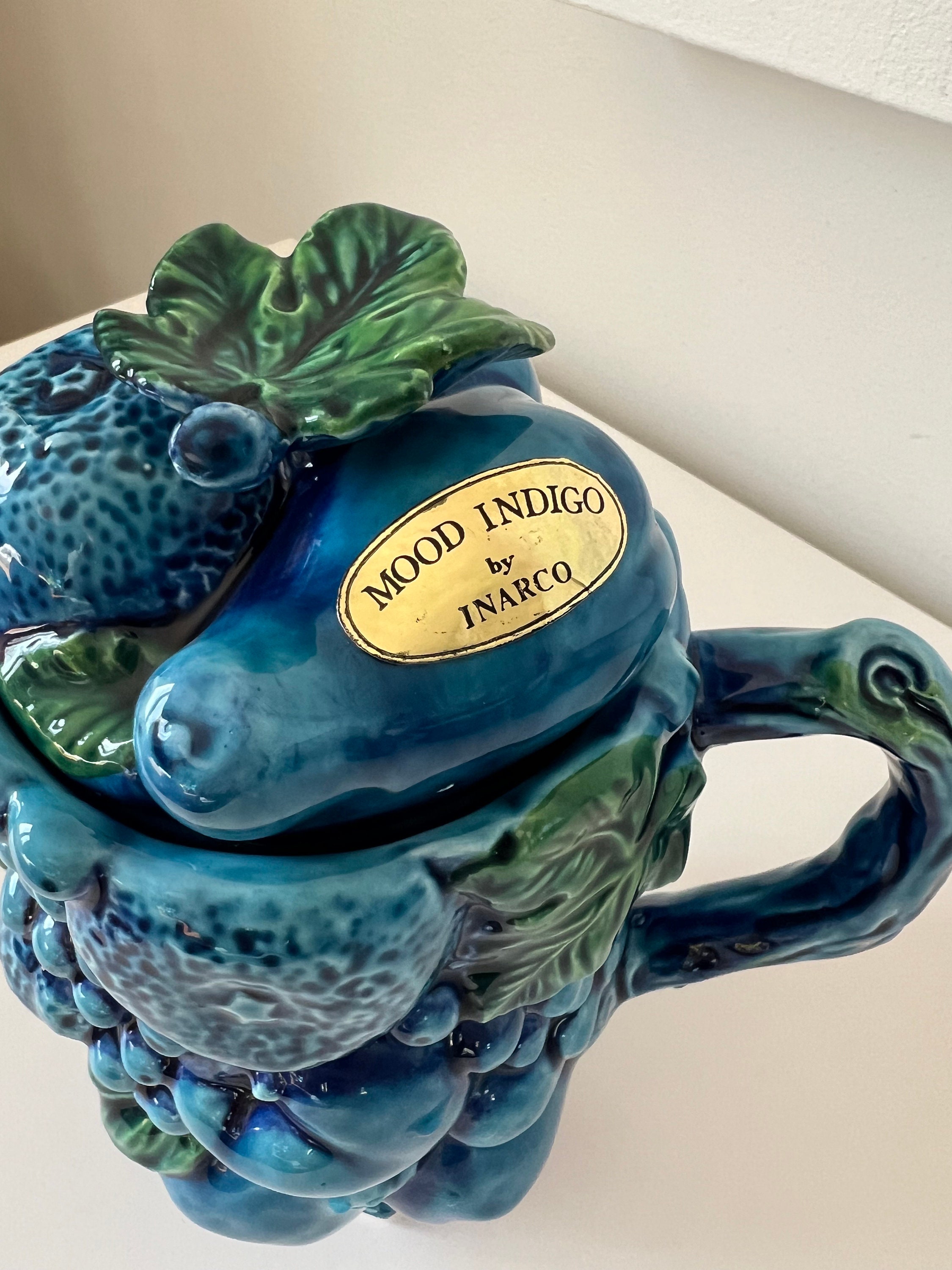 Vintage 8" Tall Inarco Indigo Japan Grapes Berries Fruit Ceramic Teapot ...